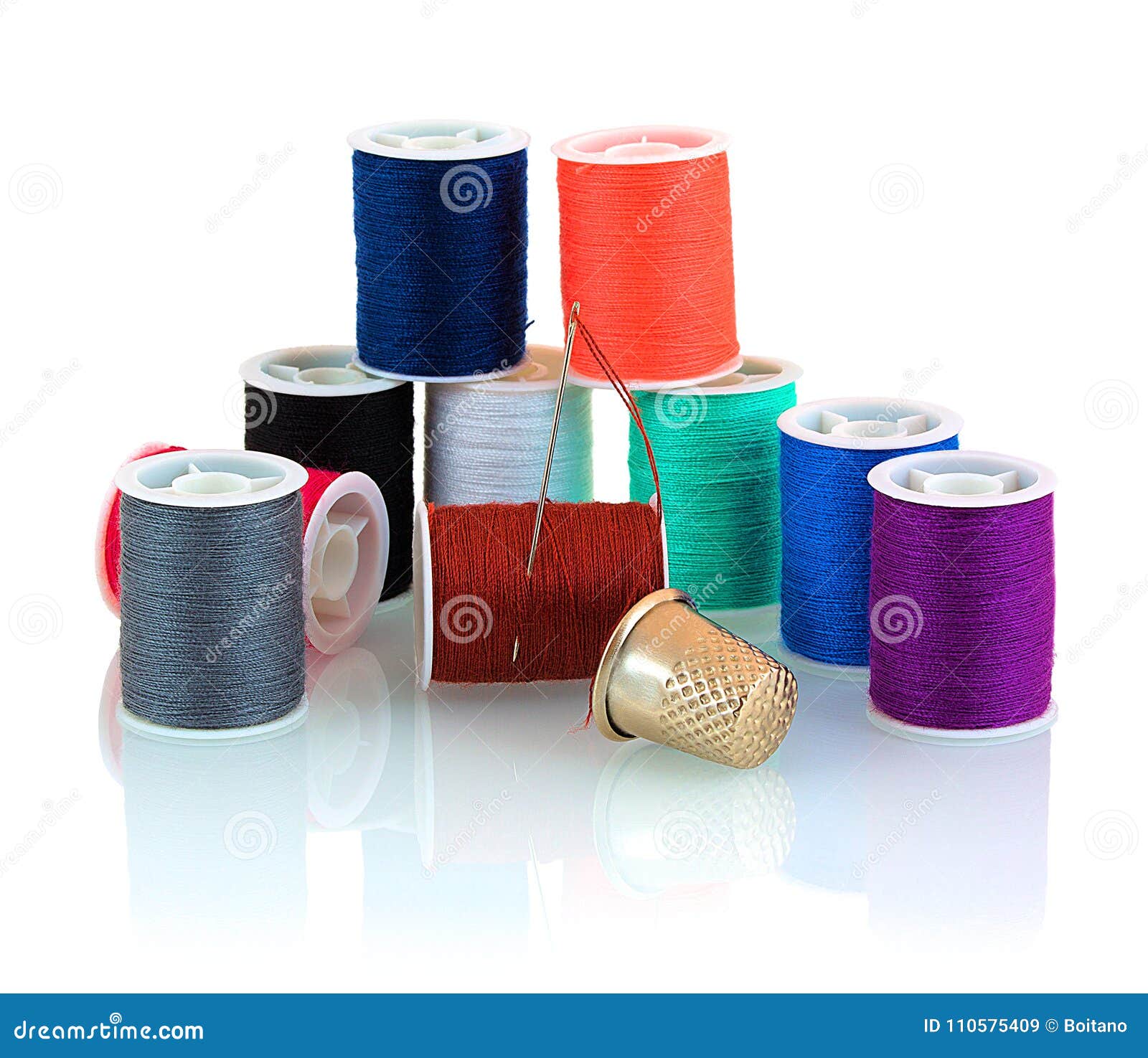Colorful Threads, Thimble and Needle Isolated on White Background with ...