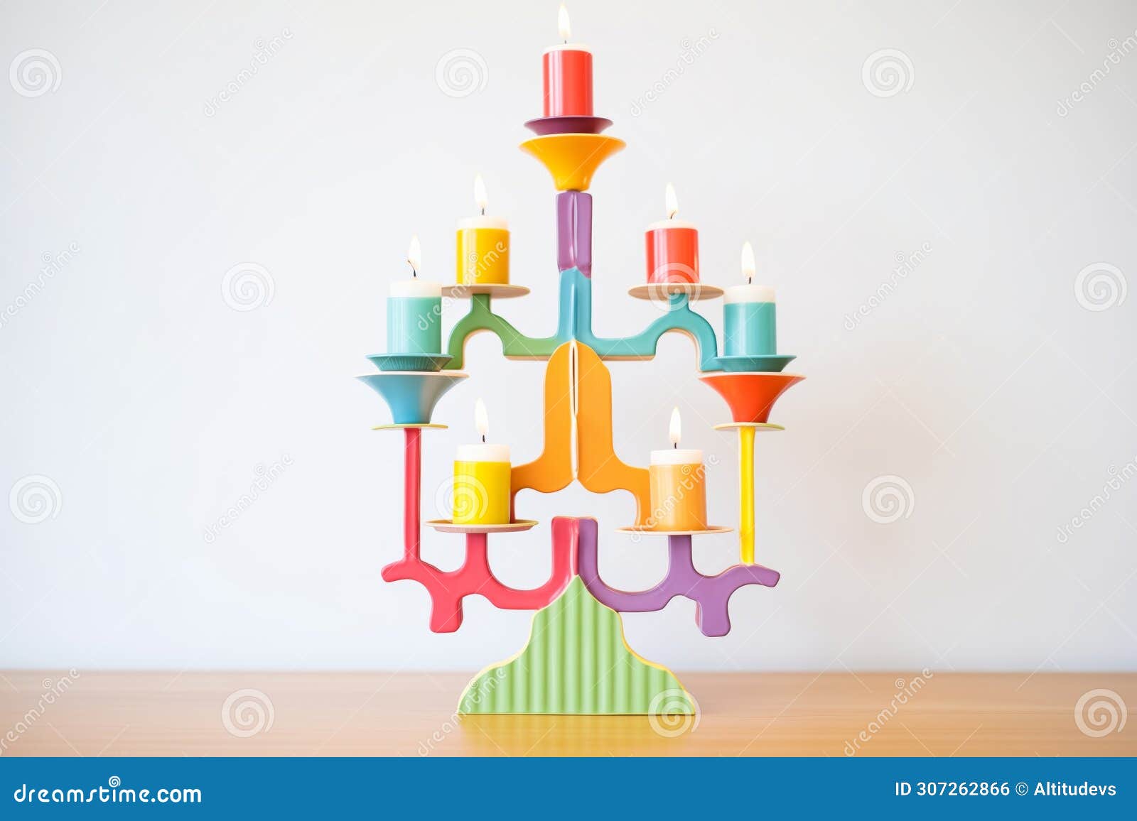 Colorful, Tiered Candlestick Holder with Multiple Lit Candles Stock ...