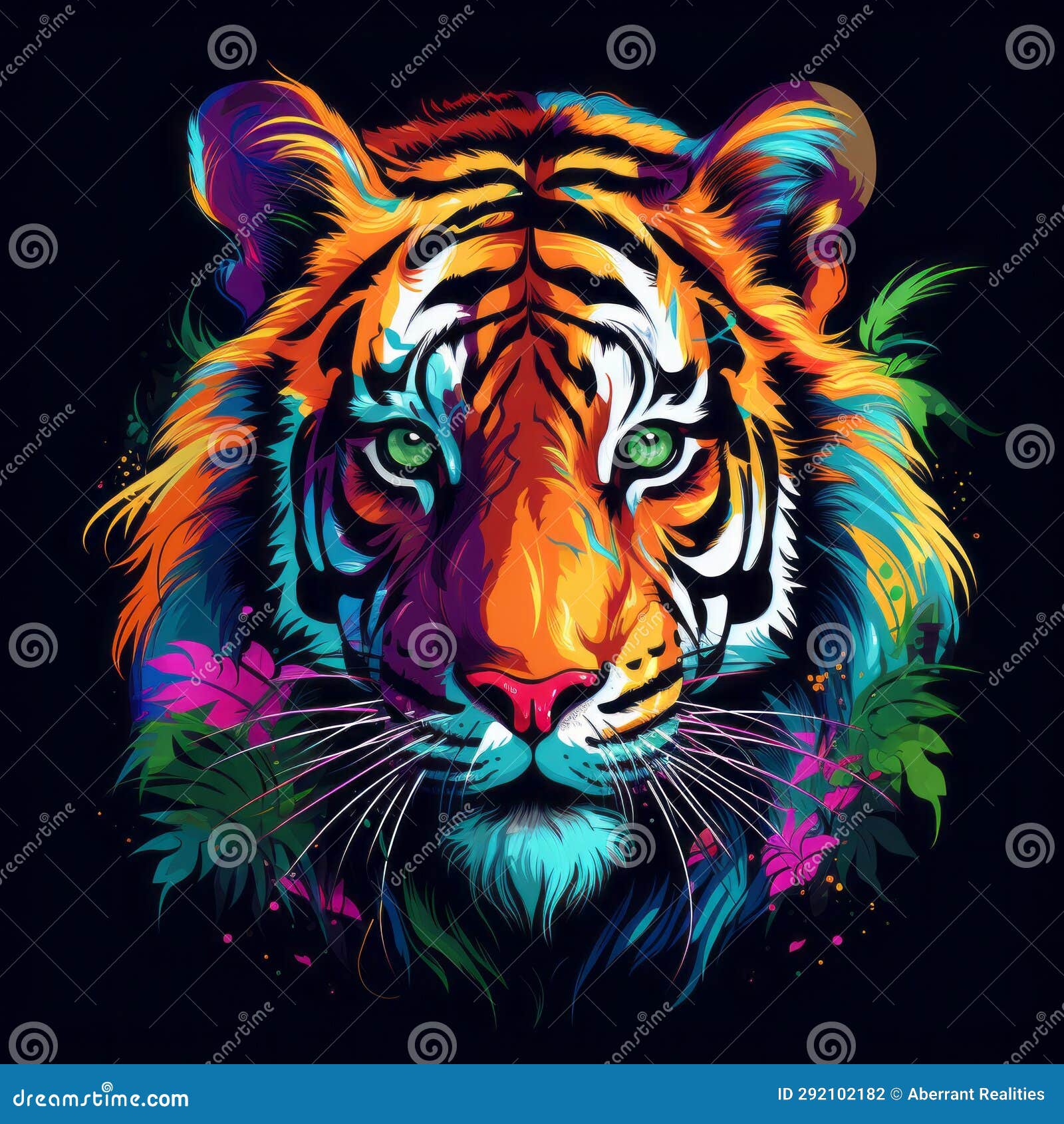 Colorful Tiger Head on Black Background Stock Illustration ...