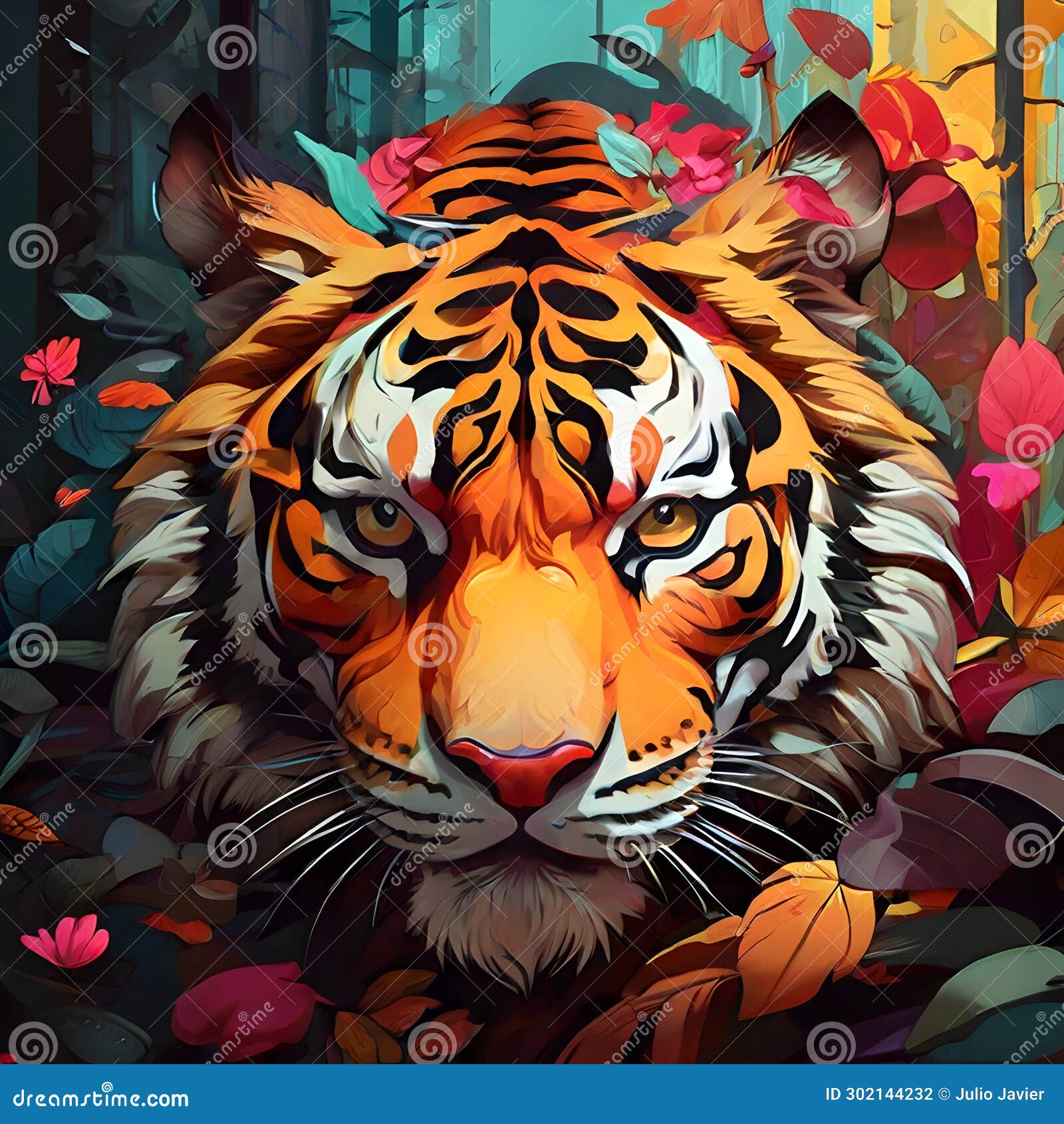 Colorful Tiger Head with Colorful Forest Theme Stock Photo - Image of ...