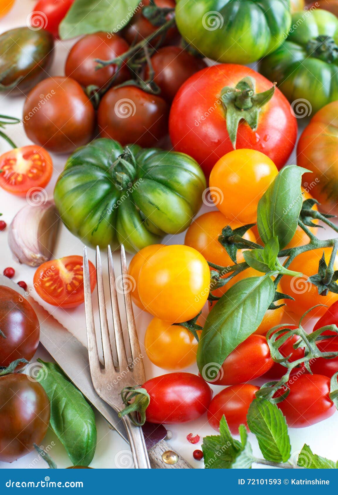 Colorful tomatoes stock image. Image of focus, basil - 72101593