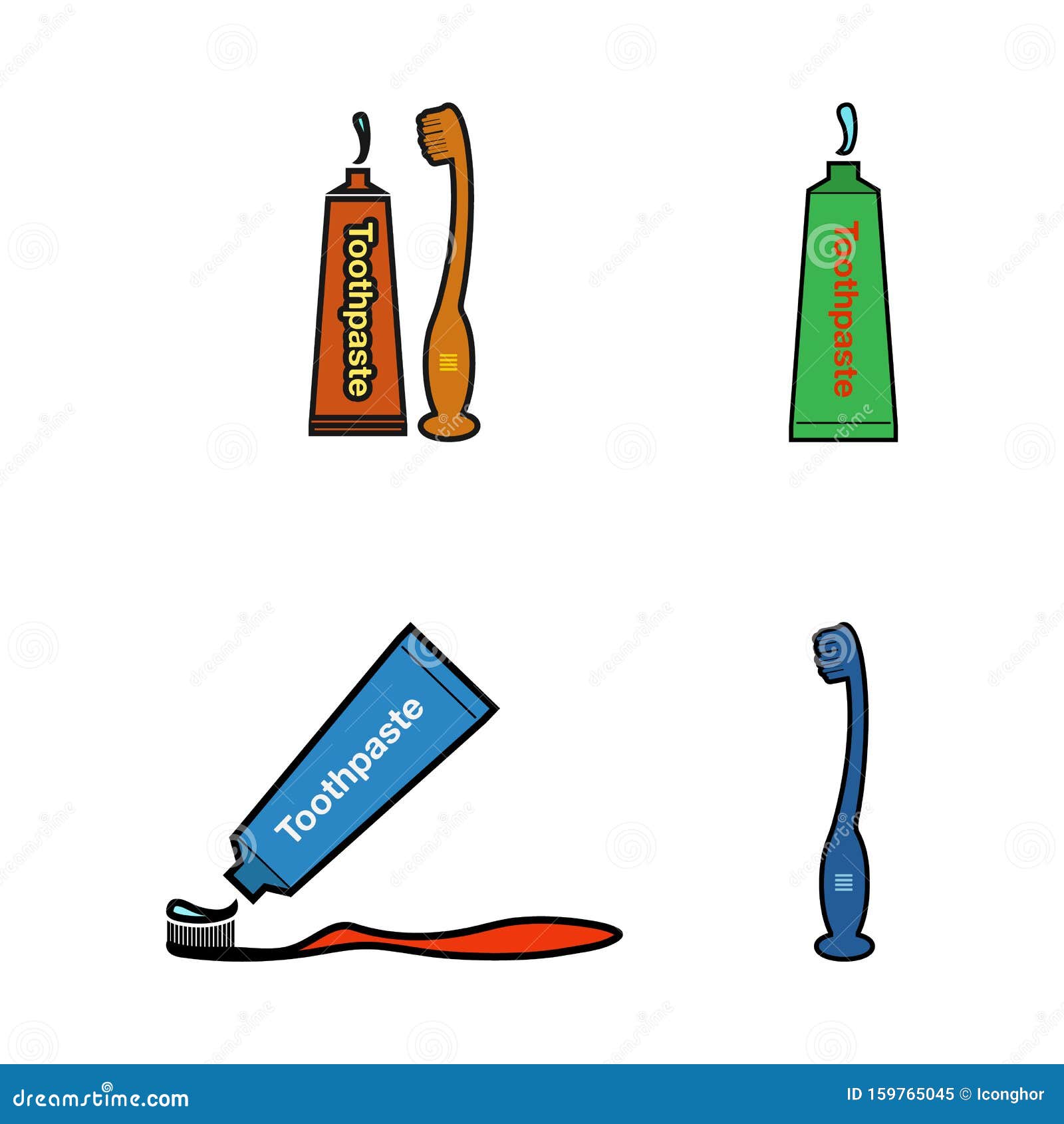 Colorful Toothbrush and Toothpaste Icon Set. Stock Vector ...