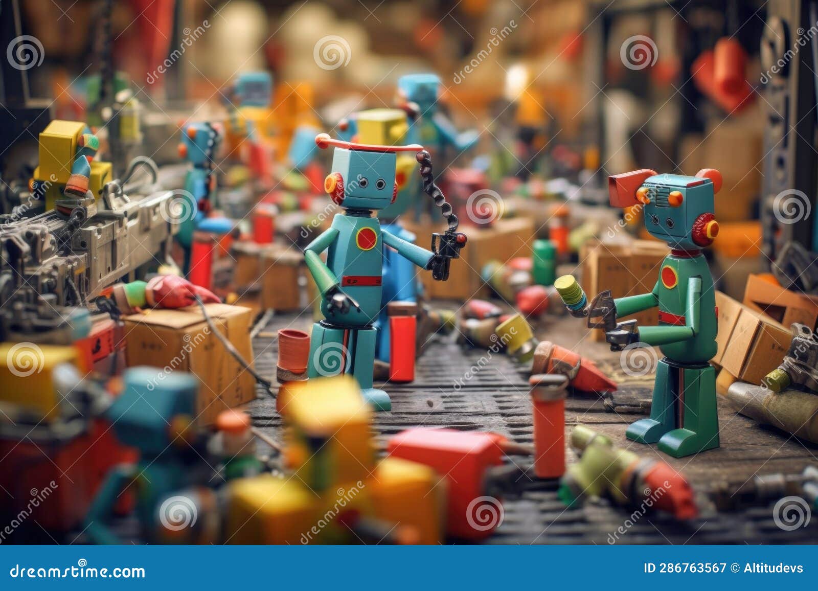 Colorful Toy Assembly Line with Robots at Work Stock Illustration ...