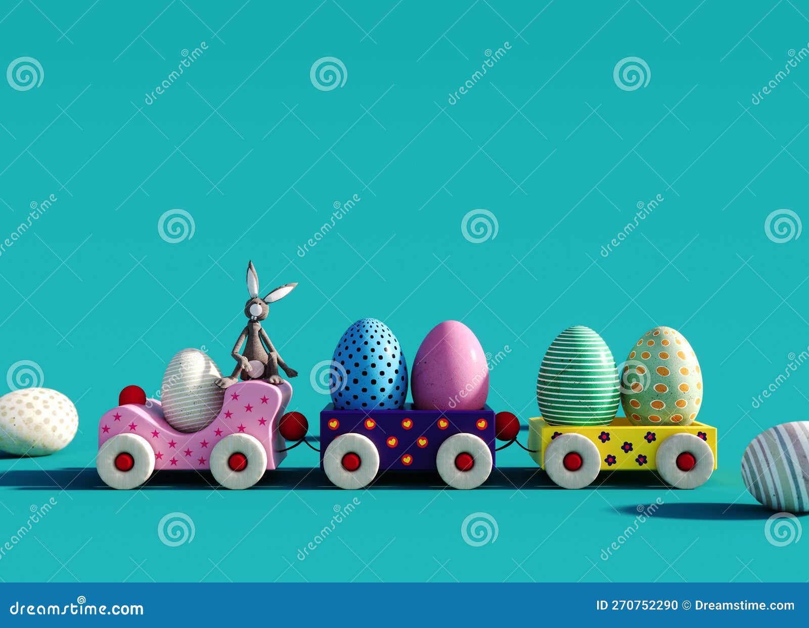 Colorful Toy Train with Bunny and Easter Eggs on Turquoise Blue ...