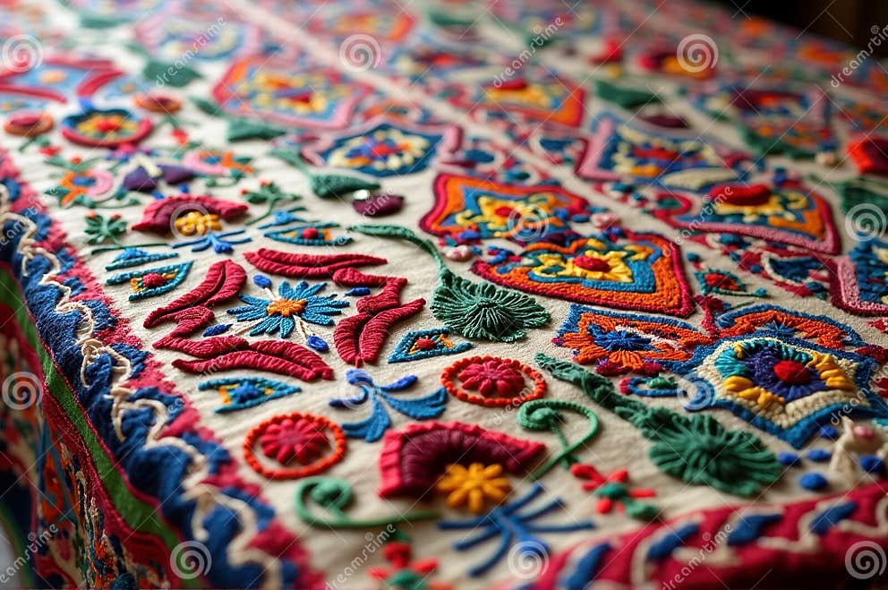 Colorful Traditional Embroidered Textile with Intricate Floral Patterns ...