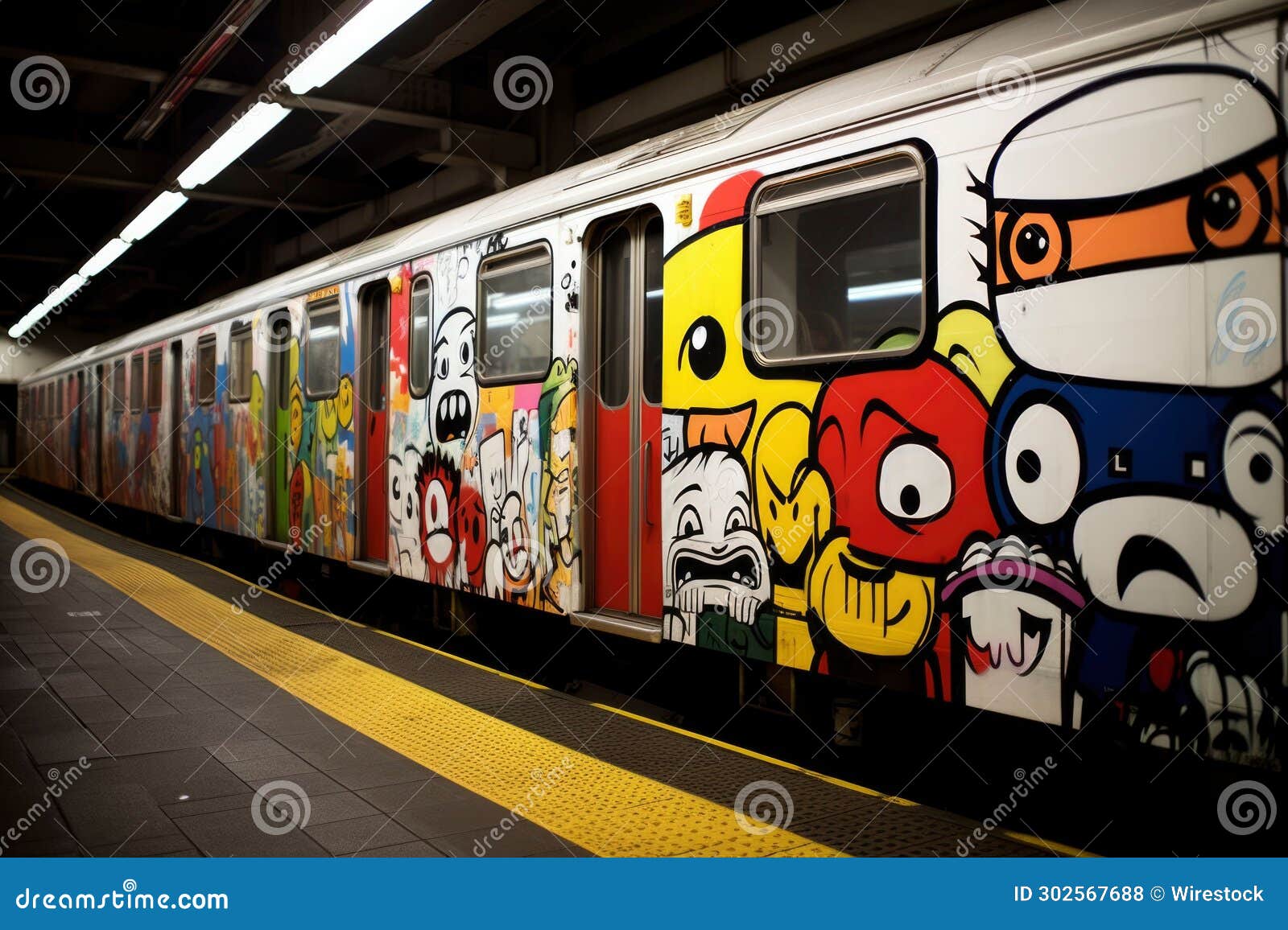 Colorful Train Sits on a Yellow Line on a Platform.AI-generated Stock ...