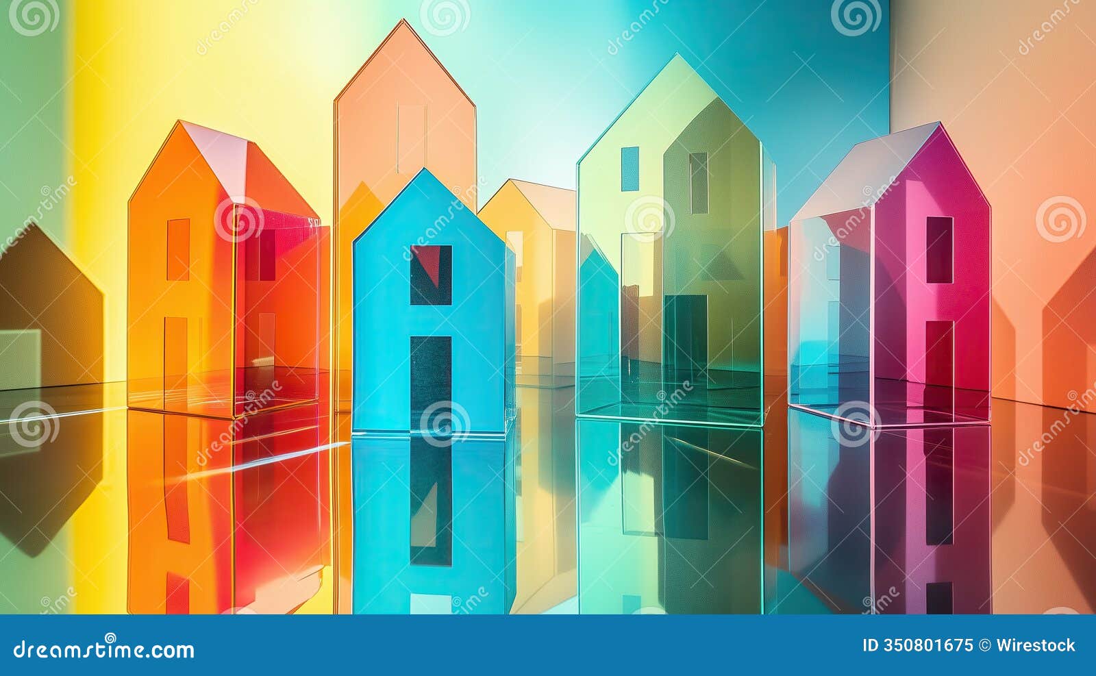 Colorful Translucent House Models on Reflective Surface Stock ...