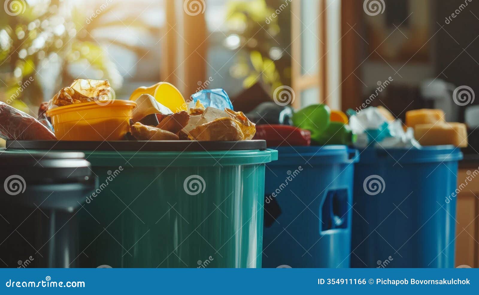 Colorful Trash Bins Filled with Waste in Bright Indoor Environment ...