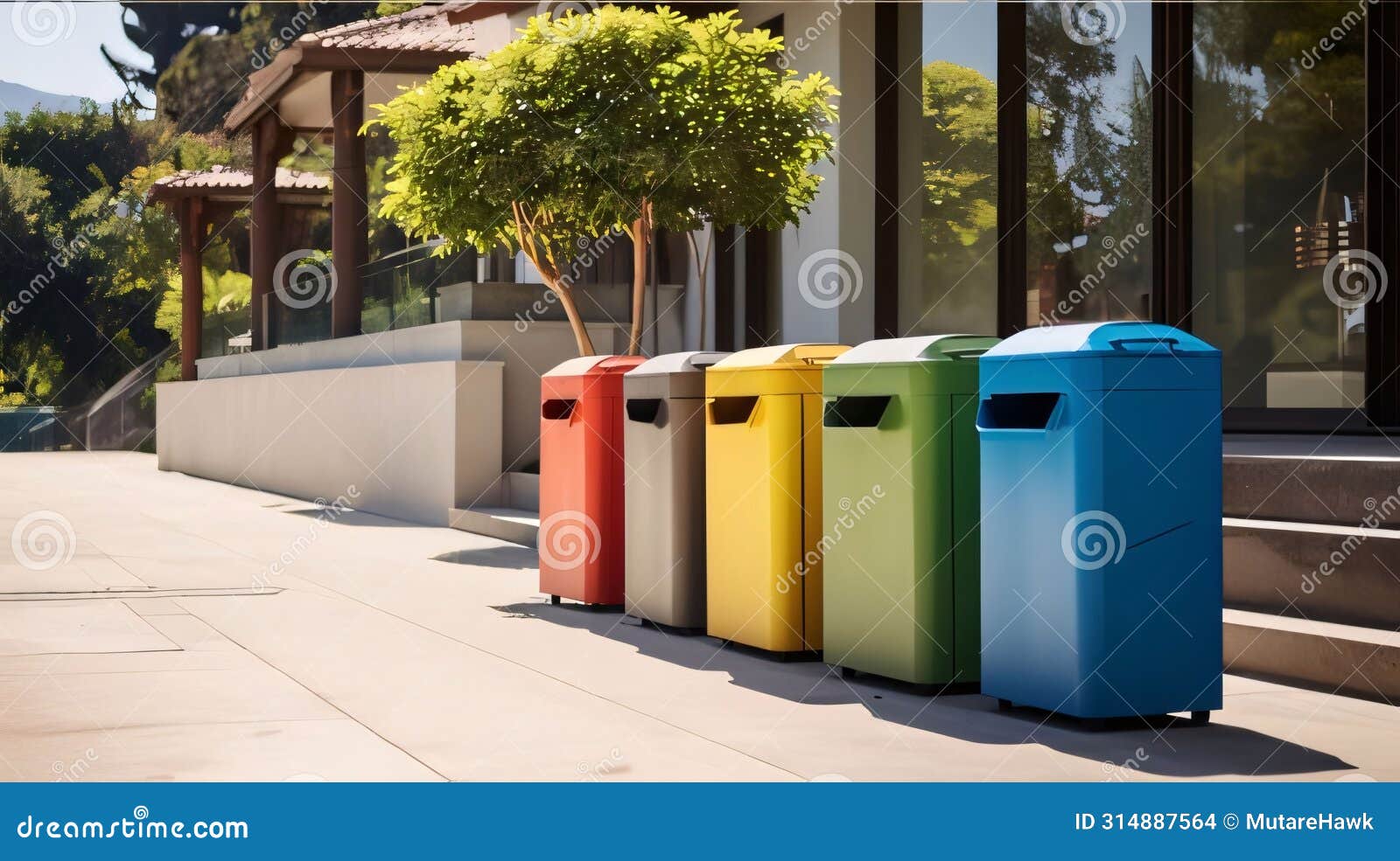 Colorful Trash Bins in Front of a Modern Building with Trees Stock ...