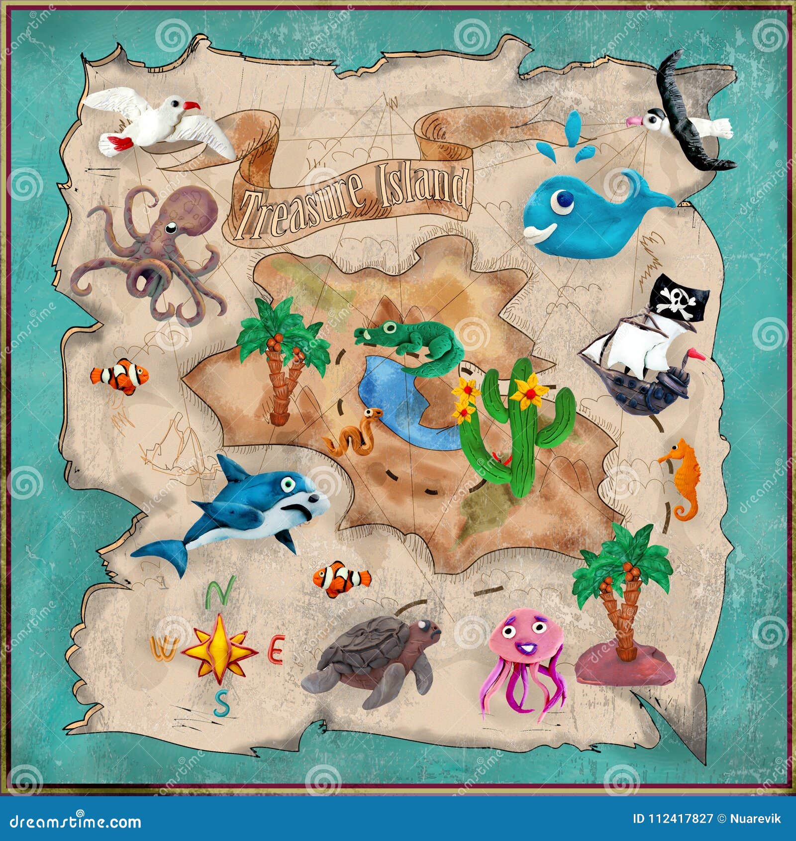 Colorful Treasure Island Map with 3d Objects Stock Illustration ...