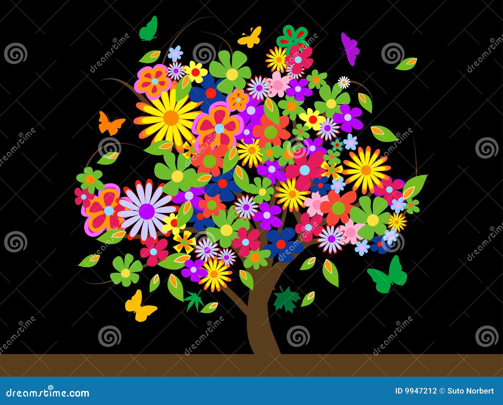 Colorful tree with flowers stock vector. Illustration of pattern - 9947212