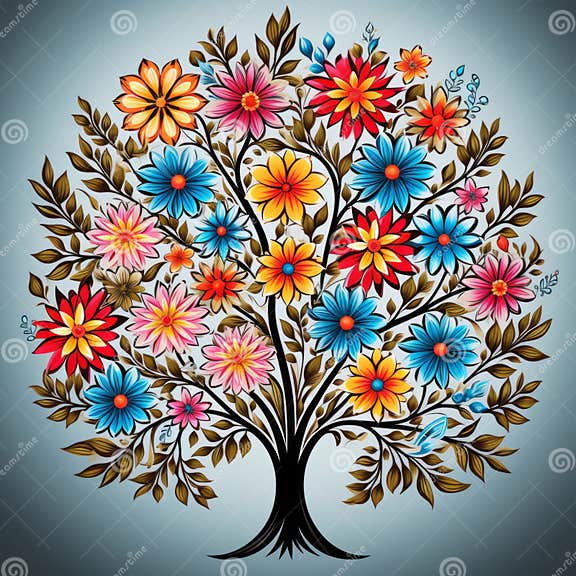 A Colorful Tree with Flowers on a Blue Background Stock Illustration ...