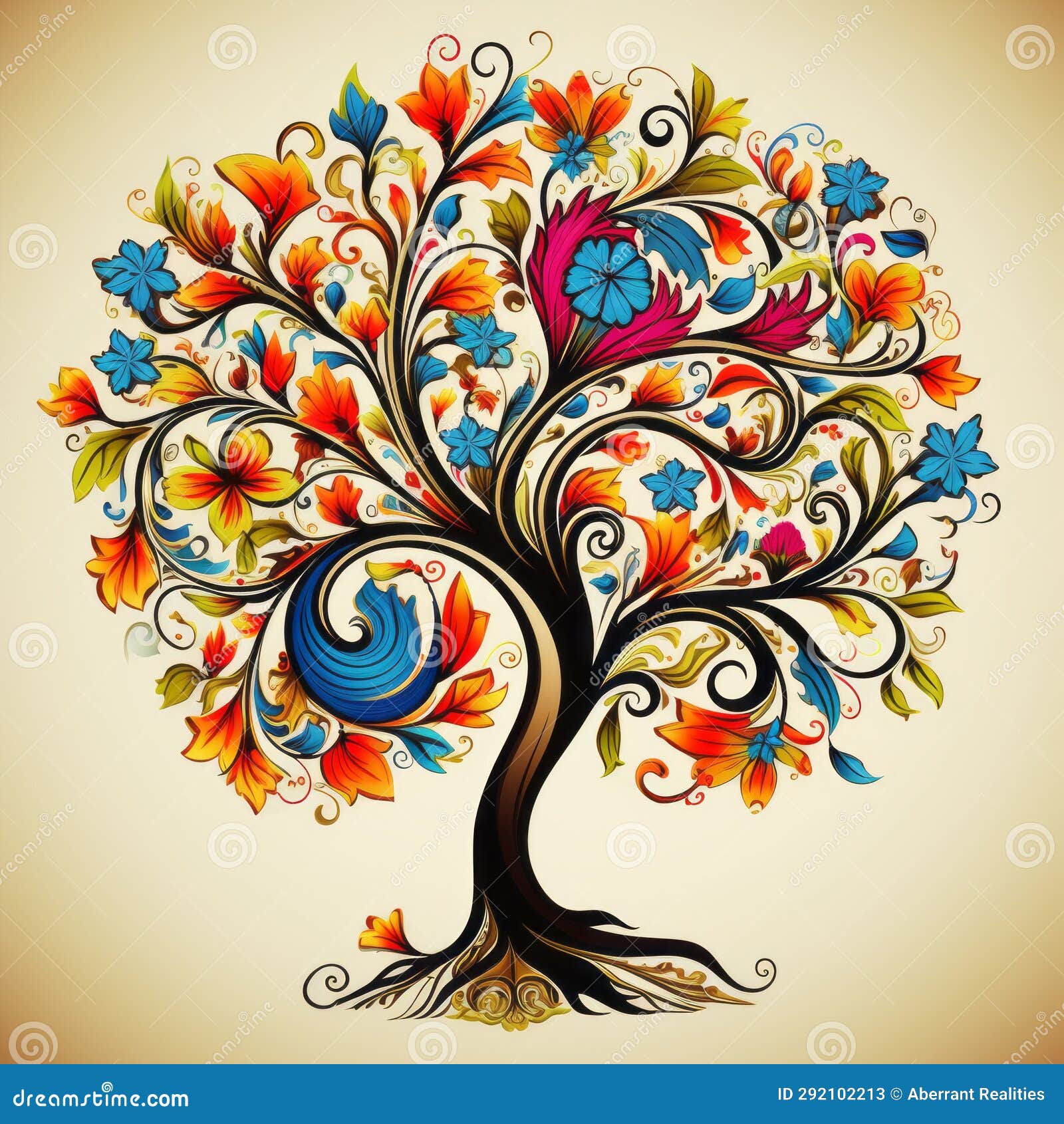 Colorful Tree with Flowers and Leaves on a Beige Background Stock ...