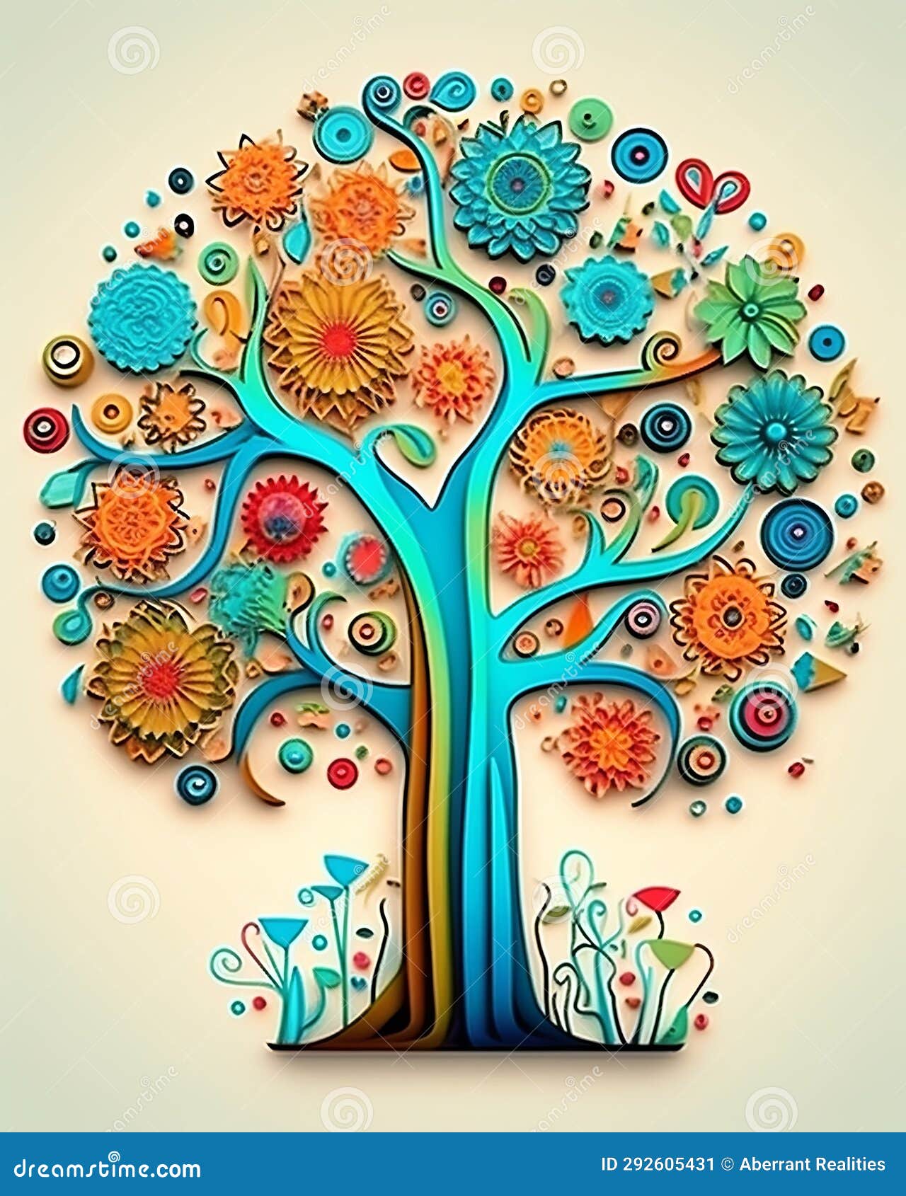 Colorful Tree with Flowers and Leaves on a Beige Background Stock ...