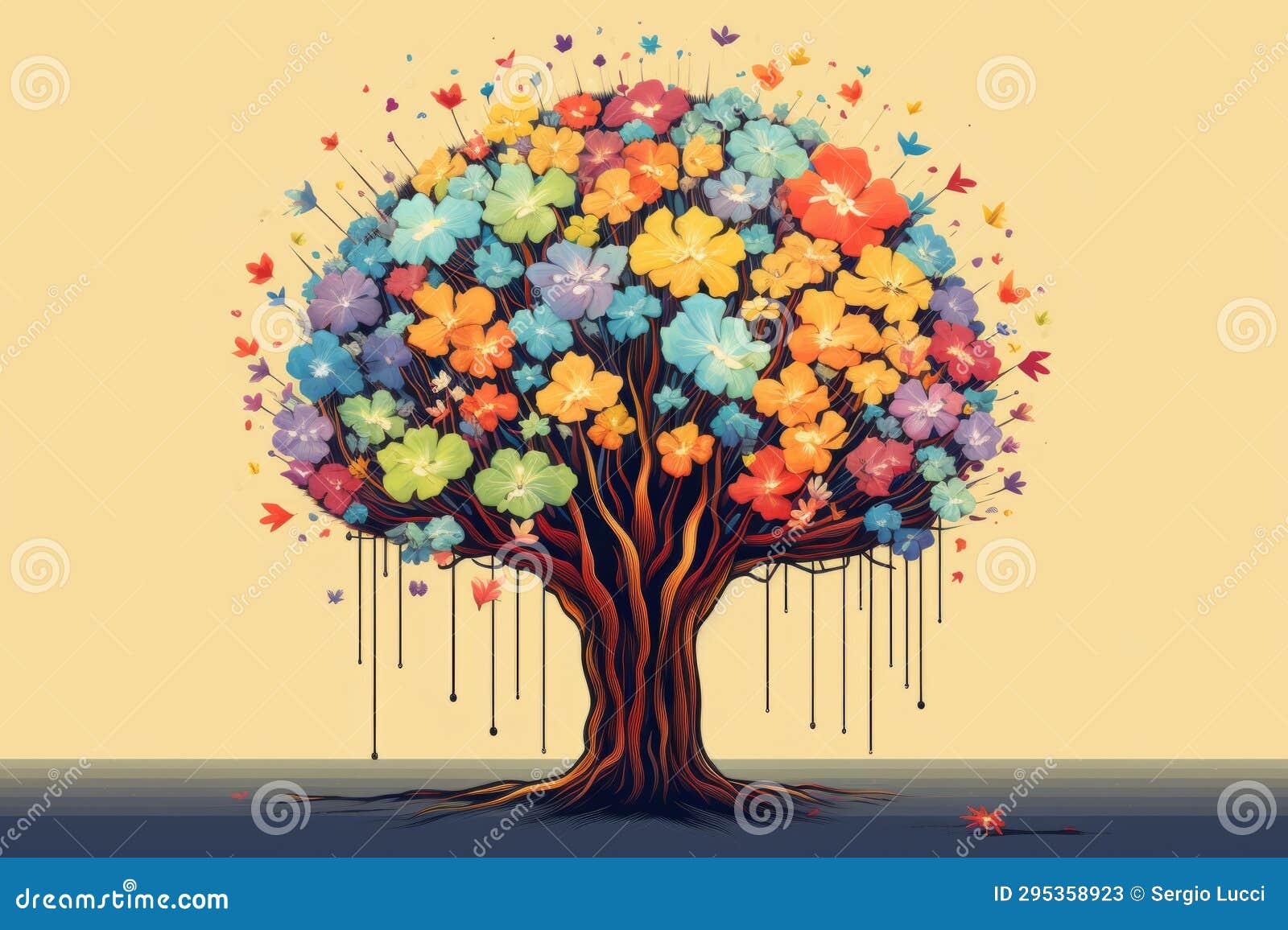 Colorful Tree of Life with Falling Colorful Leaves. Soft Color Blending ...