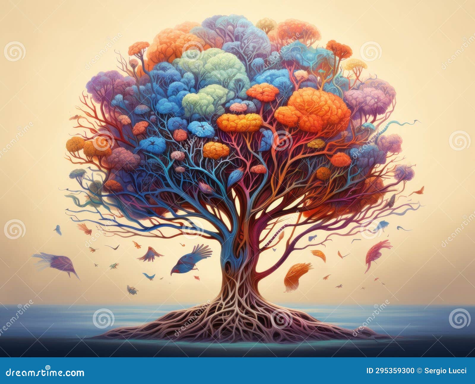 Colorful Tree of Life with Falling Colorful Leaves. Soft Color Blending ...