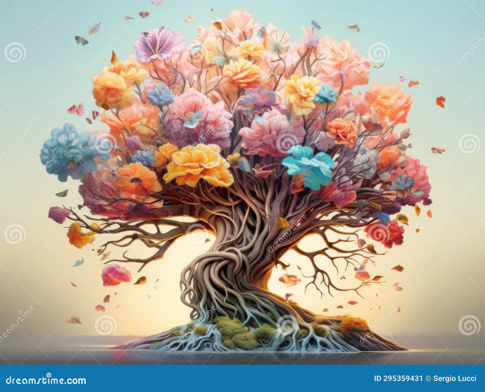 Colorful Tree of Life with Falling Colorful Leaves. Soft Color Blending ...