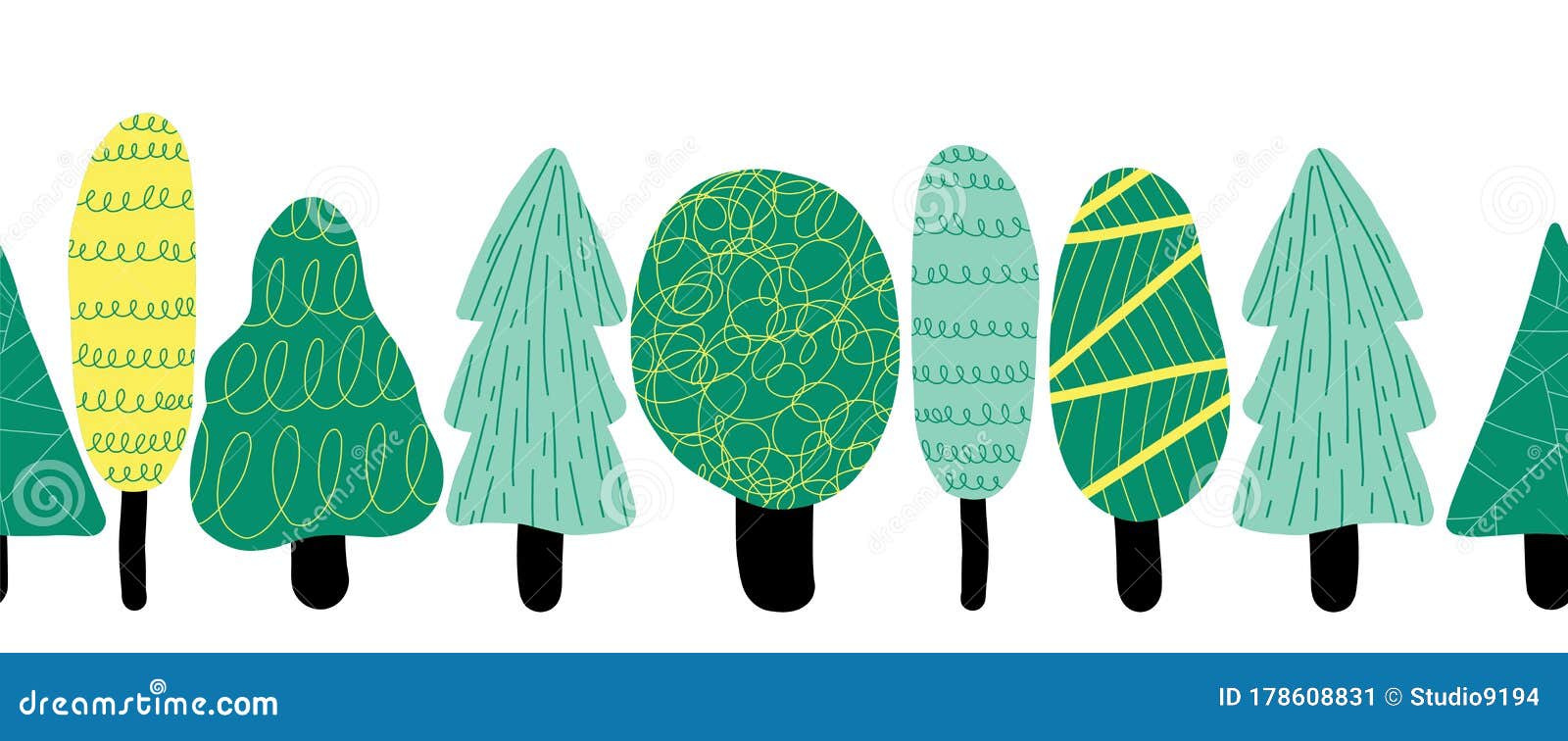 Colorful Trees Seamless Vector Border. Repeating Abstract Nature ...