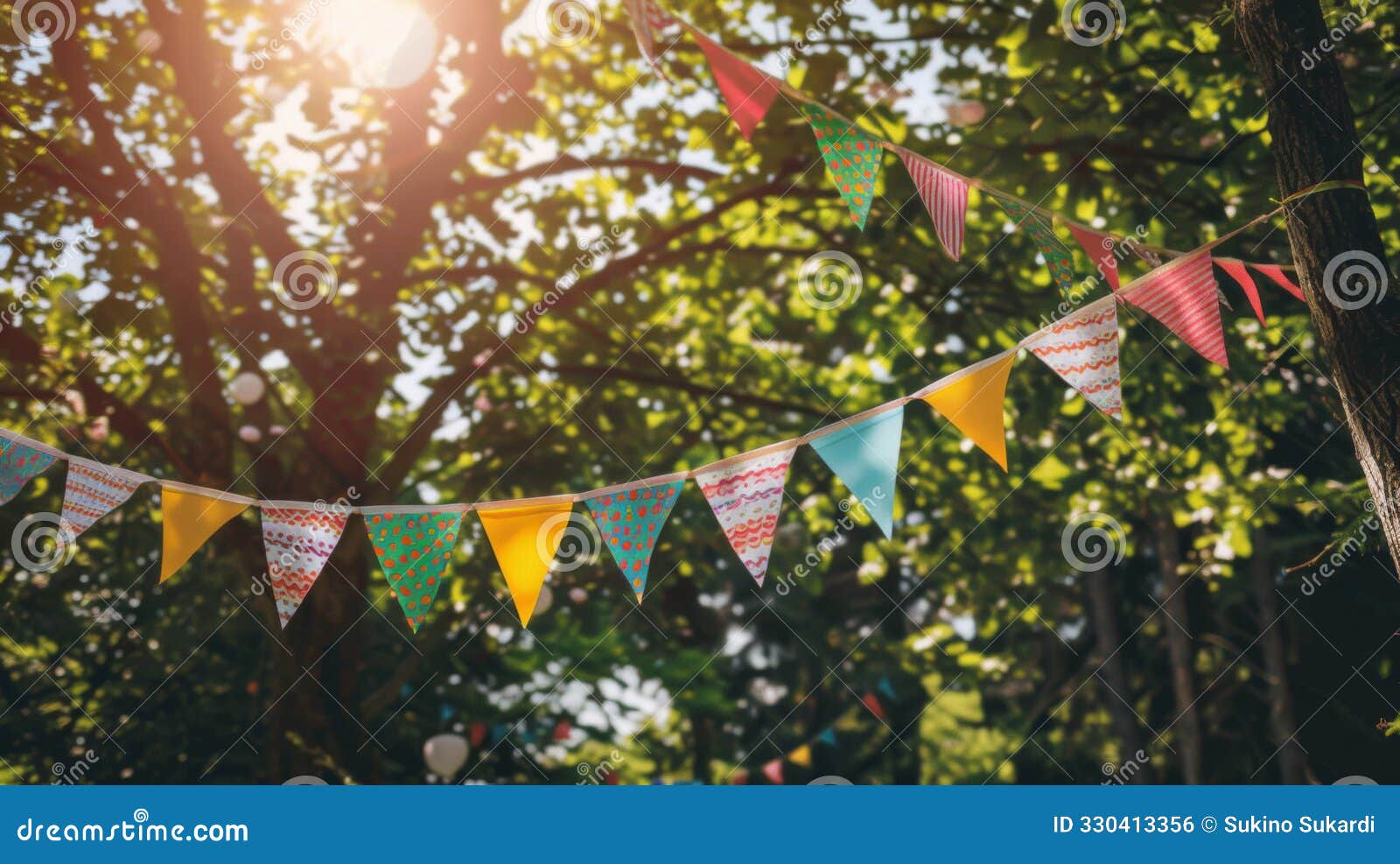 Colorful Triangle Flags Hanging in a Tree Stock Photo - Image of flag ...