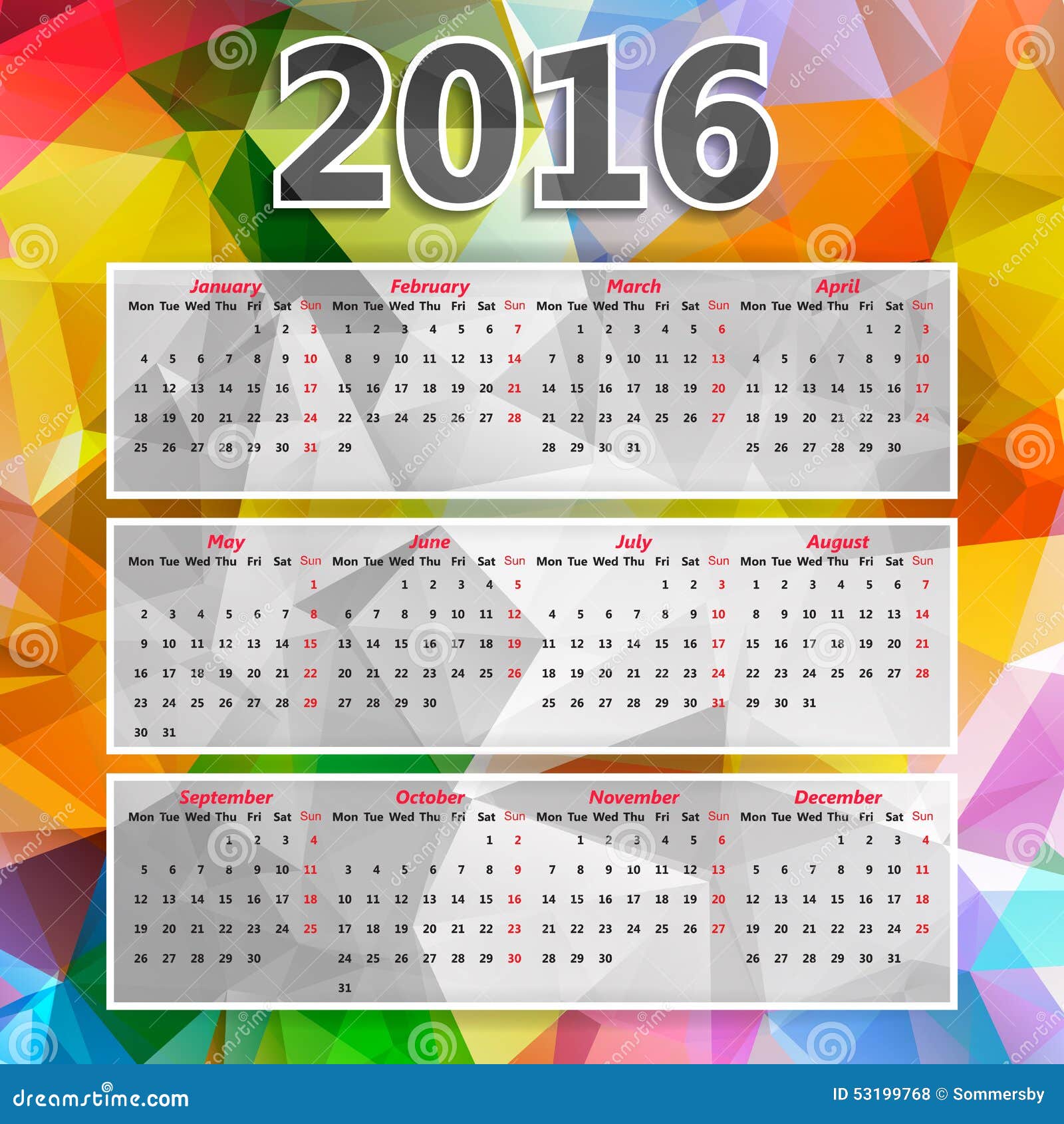 Colorful Triangular Polygonal 2016 Year Calendar Stock Vector ...