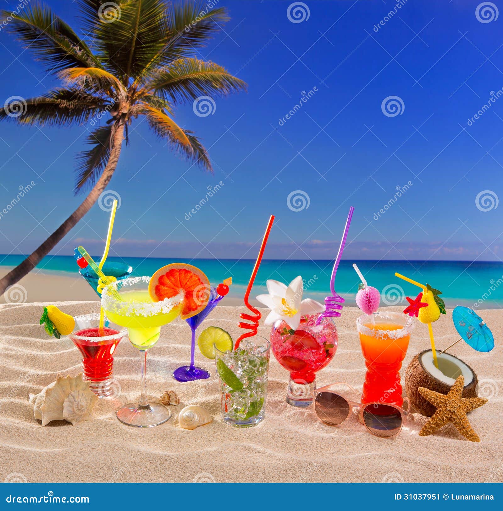 Colorful Tropical Cocktails At Beach On White Sand Stock Image Image