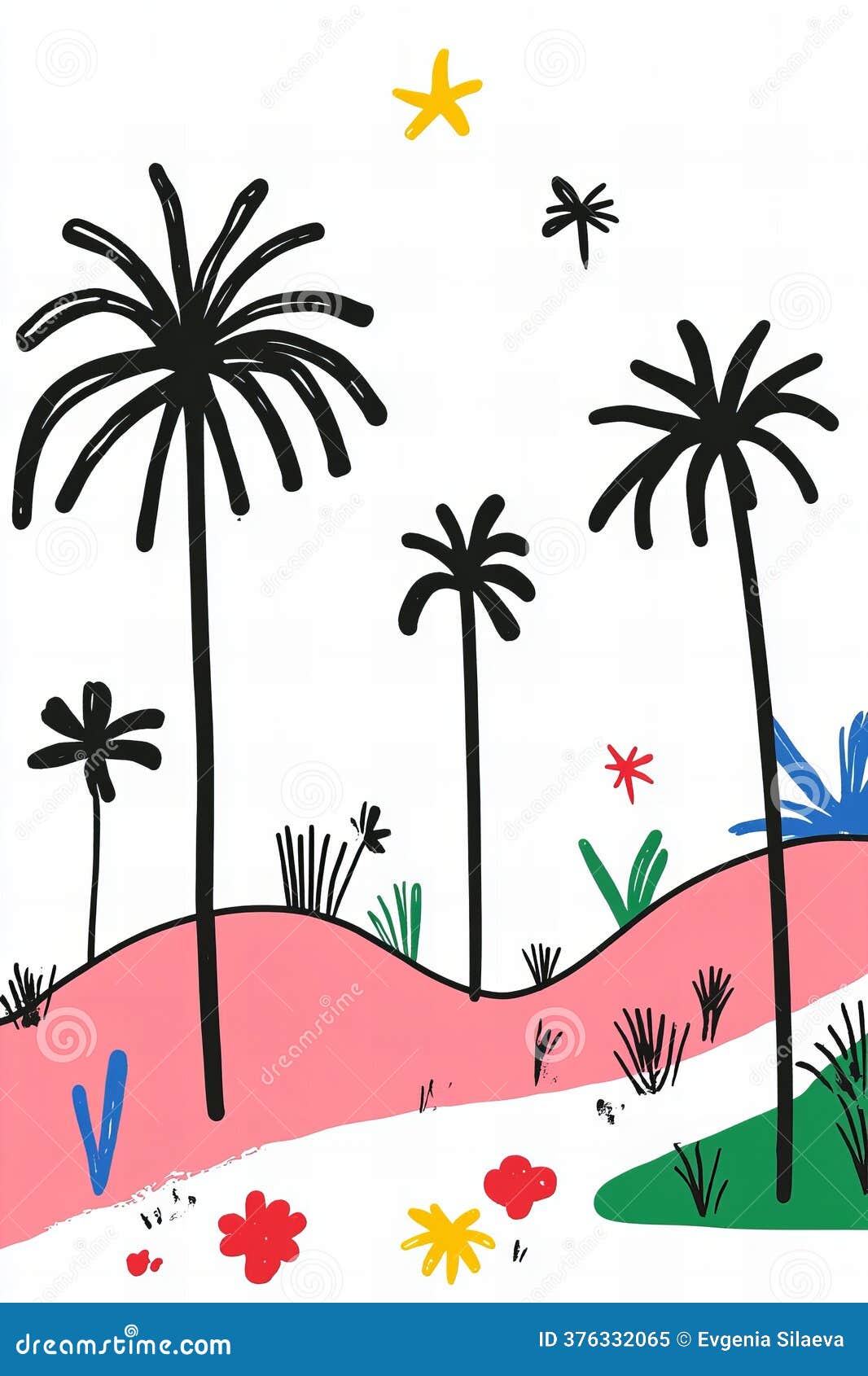 Stylized Palm Trees, Whimsical Design, Vector Graphics, Sun, Cartoon ...
