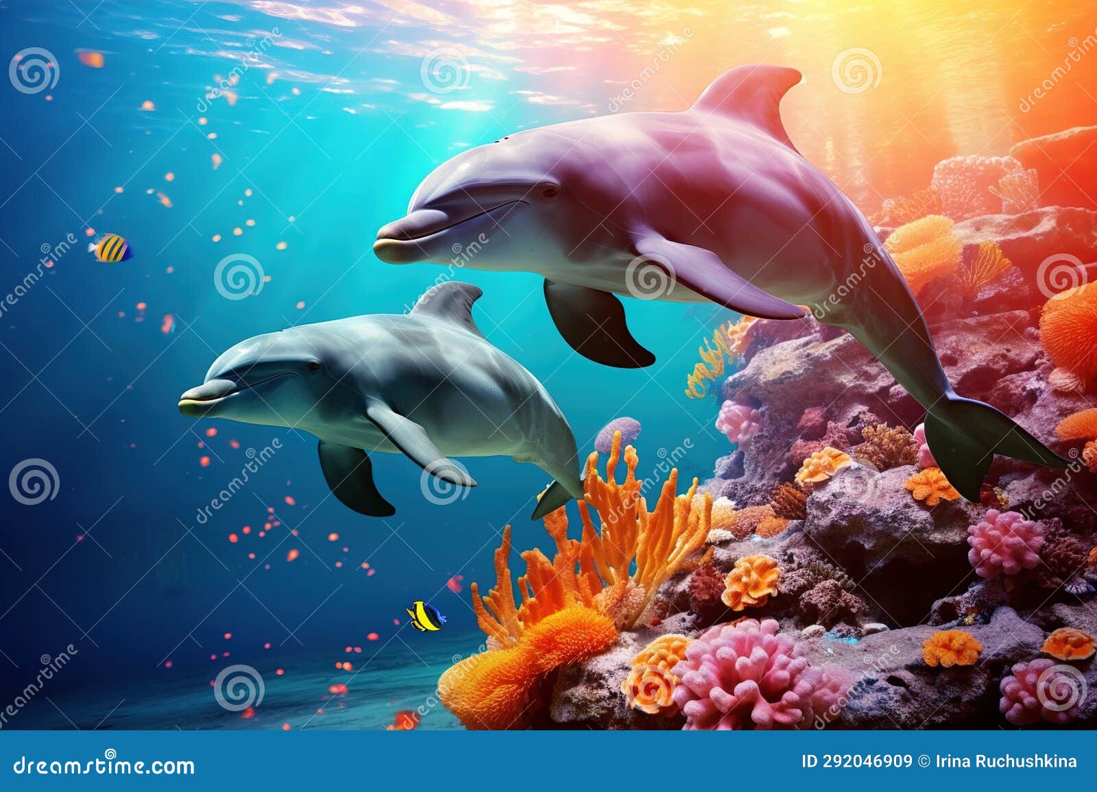 Colorful Tropical Underwater Theme with Dolphins Stock Illustration ...