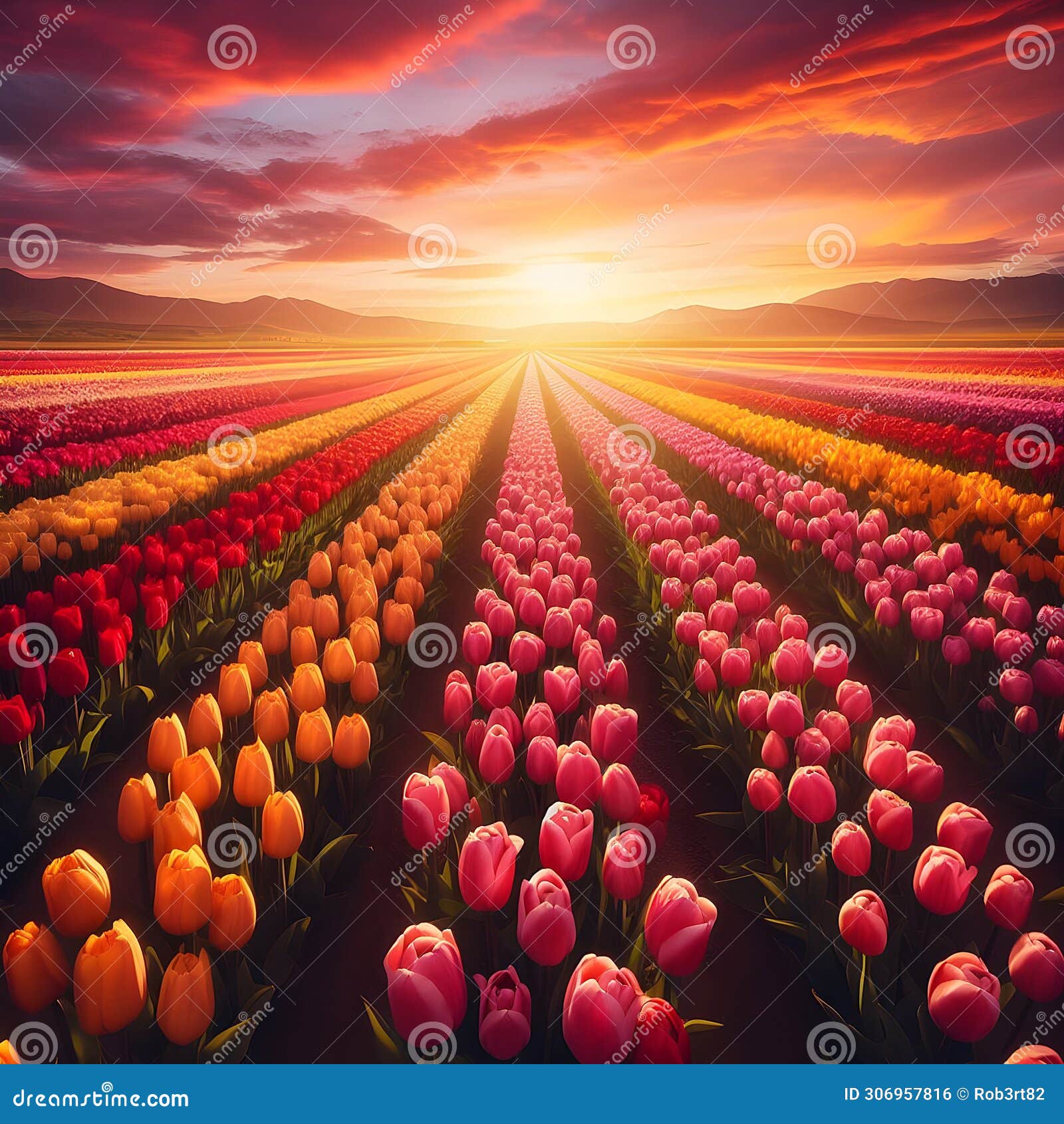 Colorful Tulip Field at Sunset in Spring. Beautiful Landscape Stock ...