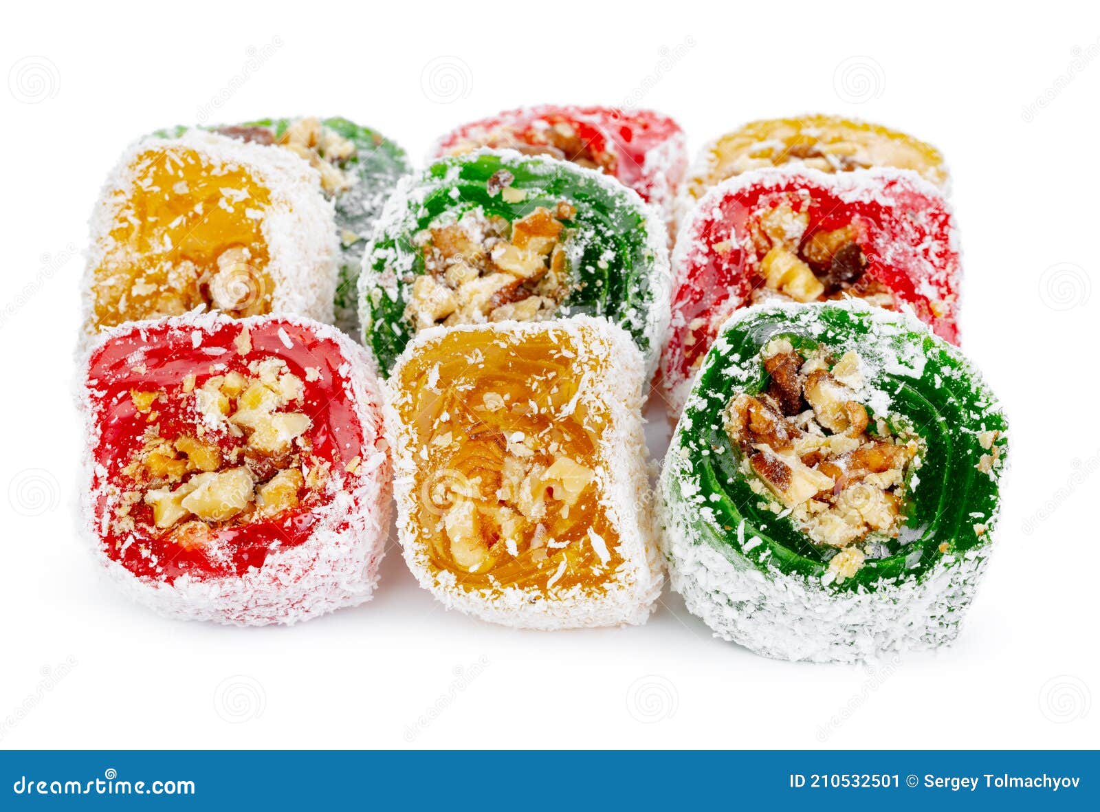 Colorful Turkish Delight with Nuts in Powdered Sugar Isolated on White ...