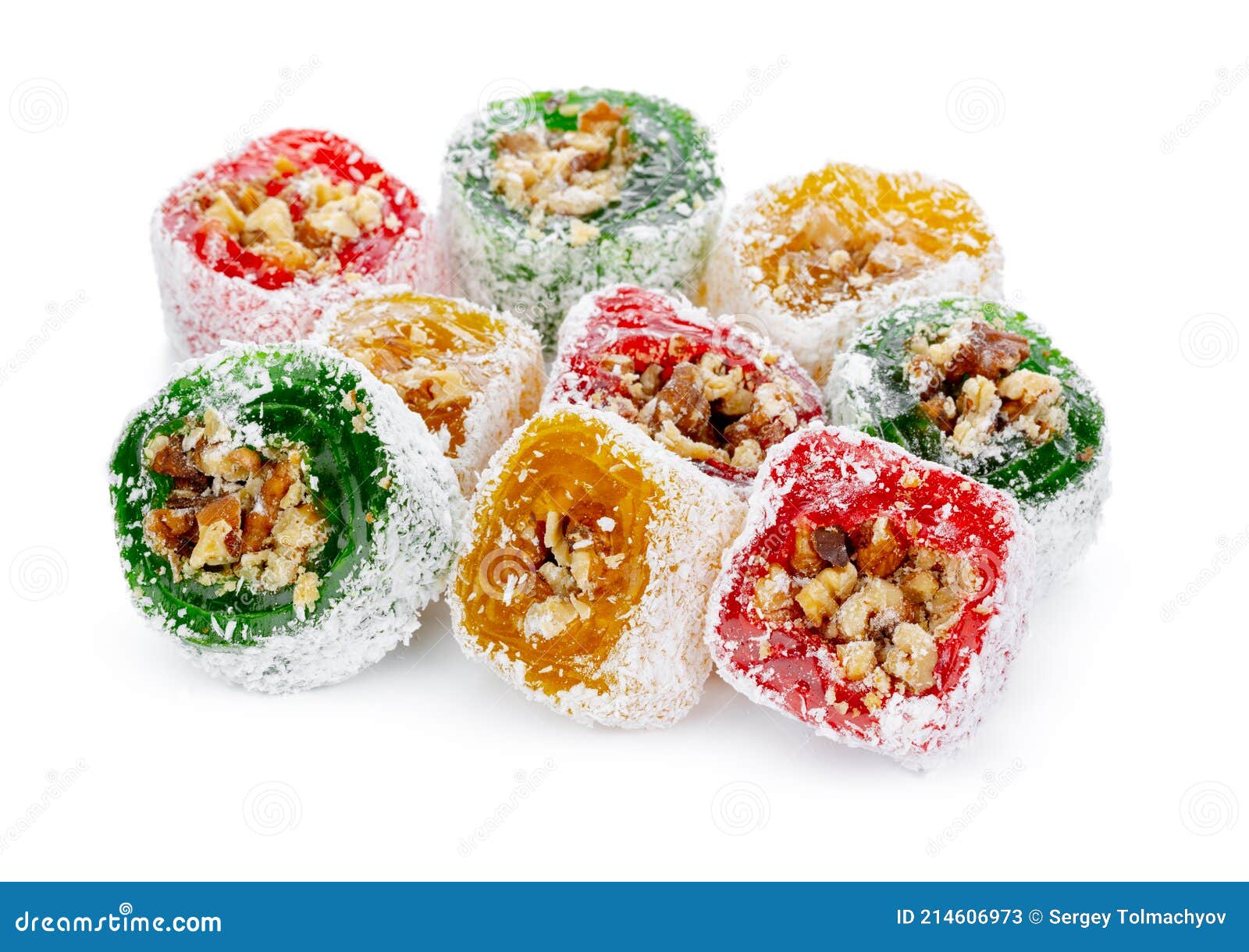 Colorful Turkish Delight with Nuts in Powdered Sugar Isolated on White ...
