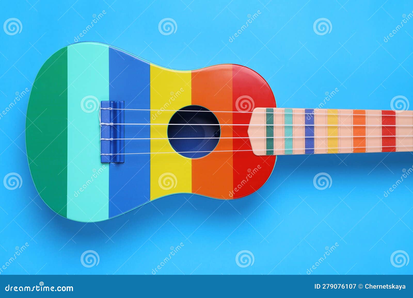 Colorful Ukulele on Light Blue Background, Top View. String Musical ...