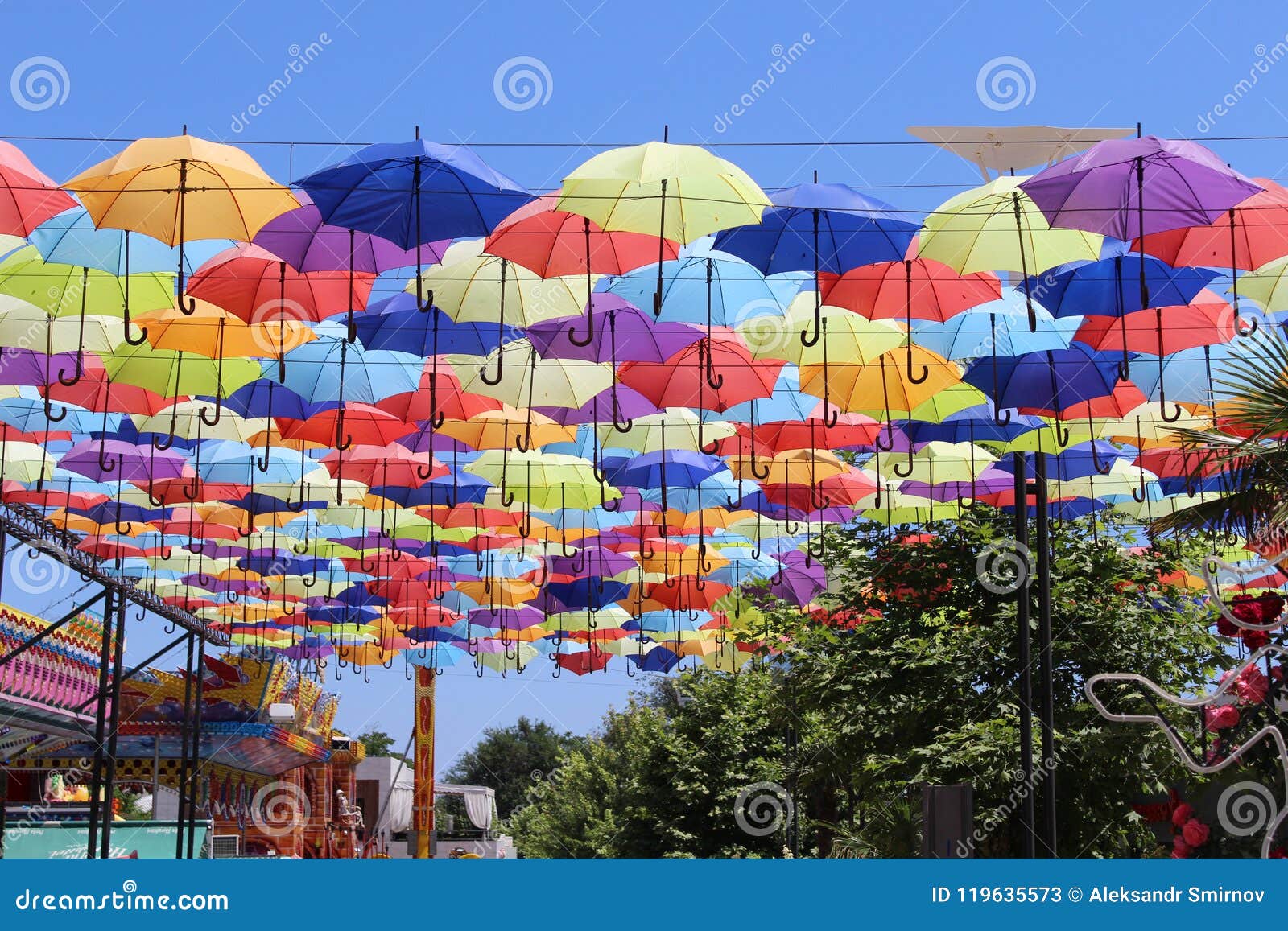 Colorful Umbrellas Flying in the Blue Sky Stock Image - Image of ...