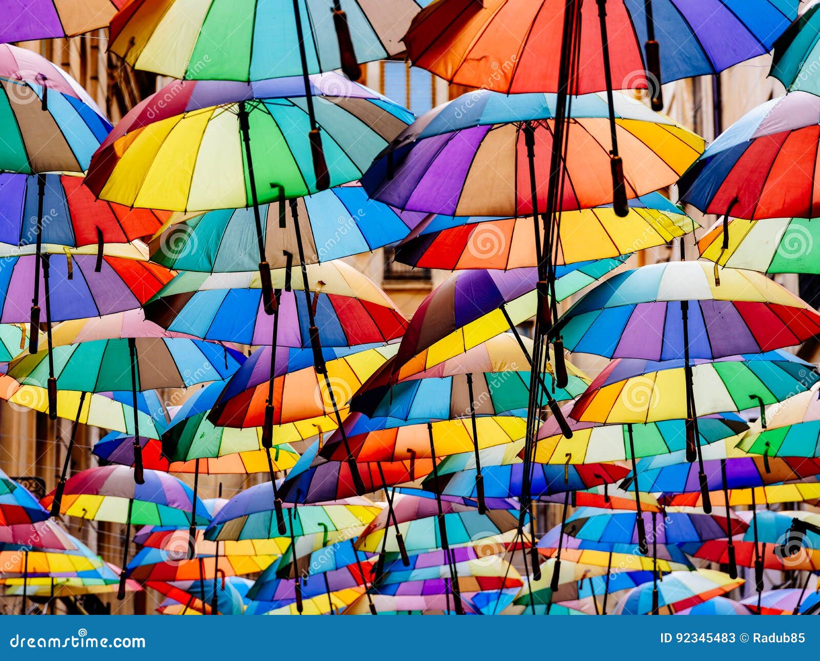 Colorful Umbrellas Hanging editorial stock photo. Image of close - 92345483