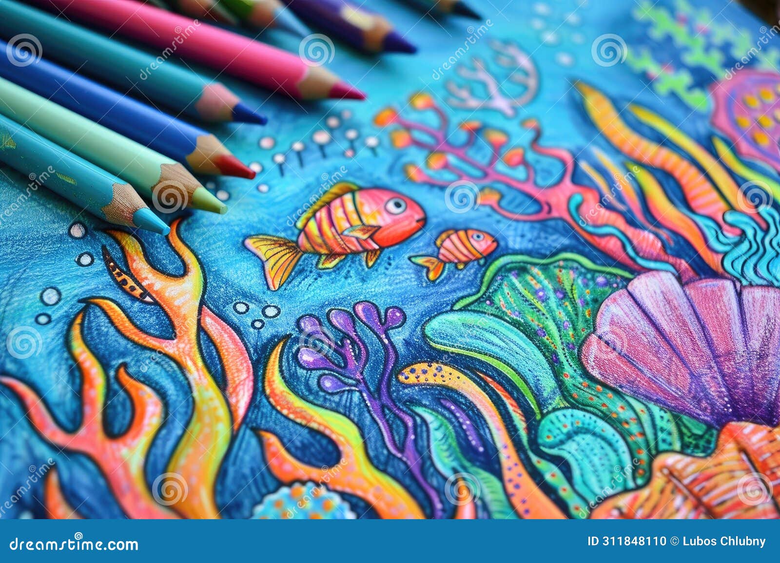 Colorful Underwater Scene Drawn with Colored Pencils Stock Illustration ...
