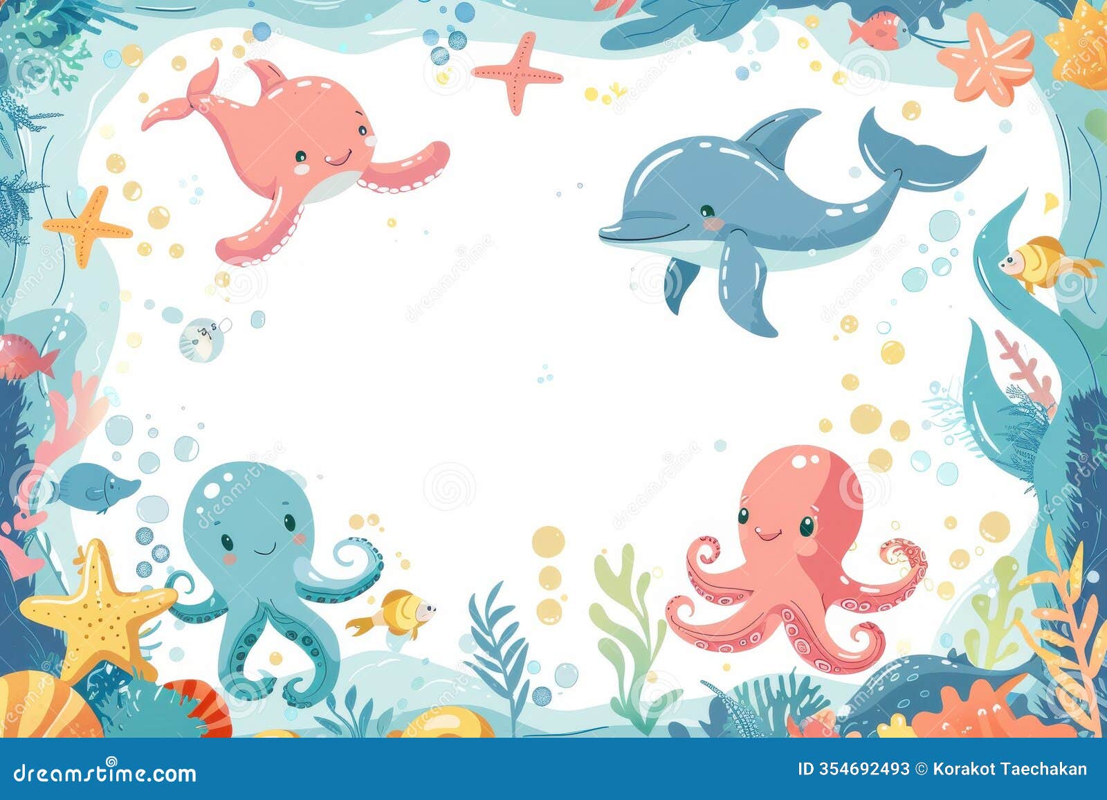 A Colorful Underwater Scene with a Frame of Various Sea Creatures Stock ...