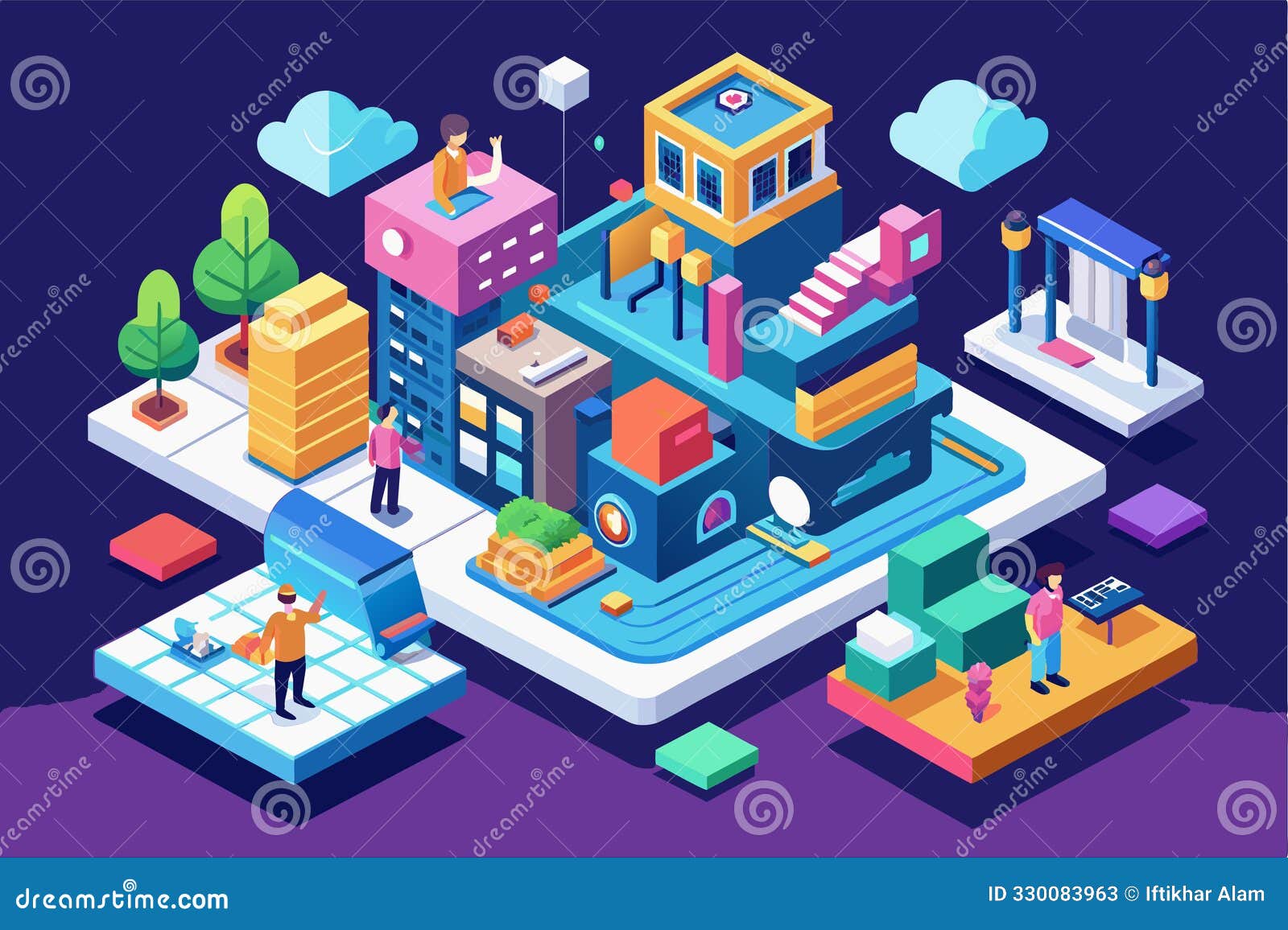 Colorful Urban Environment Displays Various Characters Engaged in ... Colorful Urban Environment Displays Various Characters Engaged in ...