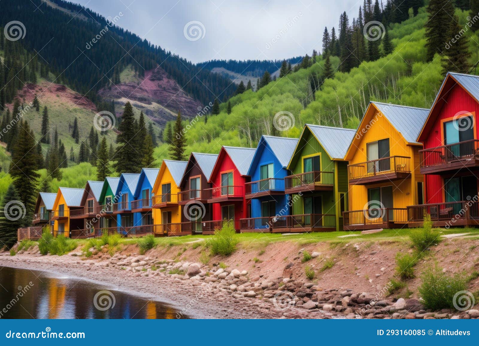 Colorful Vacation Cabins Against the Mountain Backdrop Stock ...