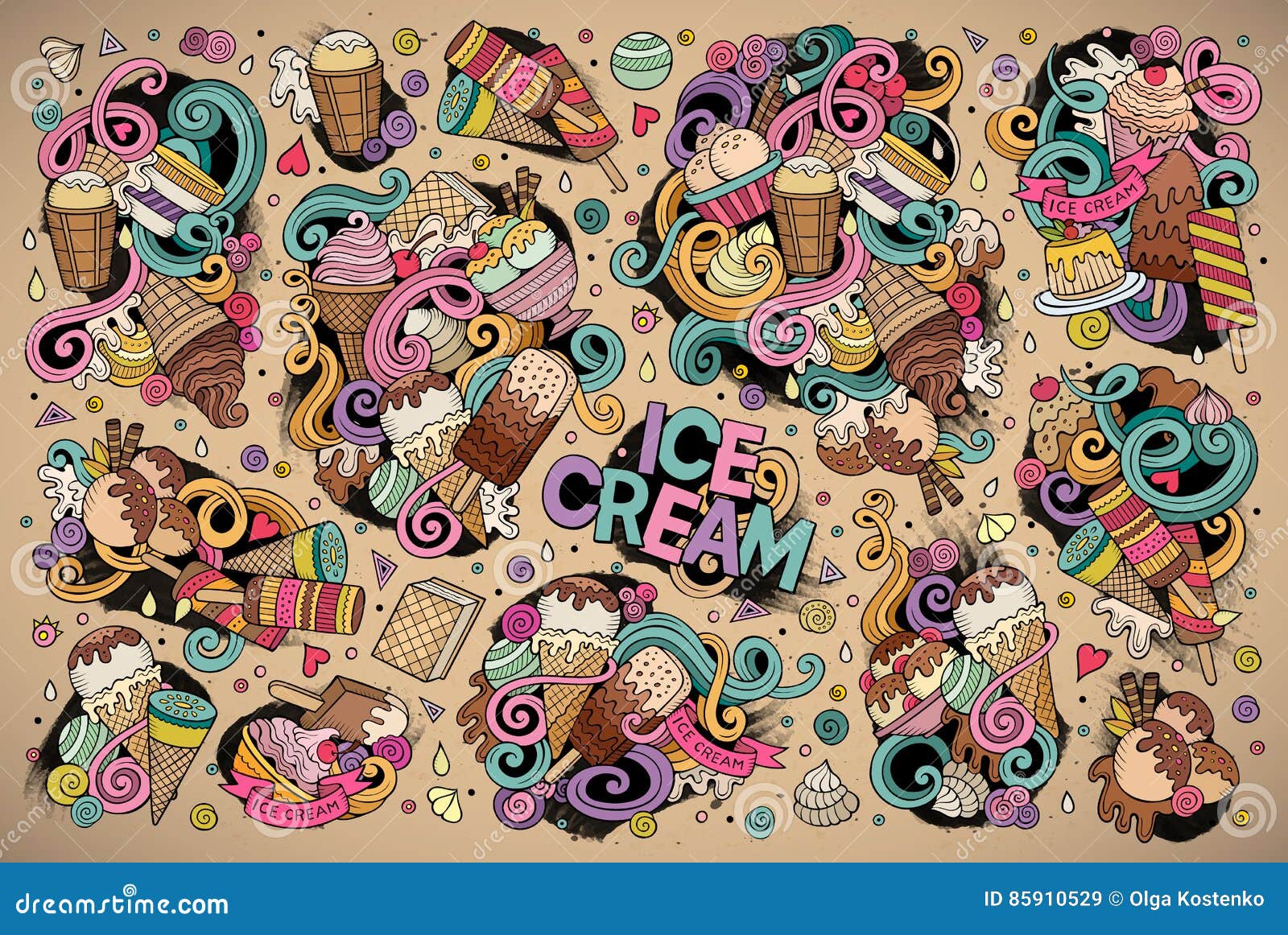 Colorful Vector Doodle Cartoon Set of Ice-cream Objects Stock Vector ...