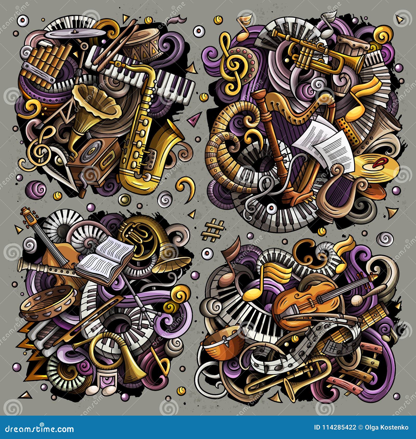 Colorful Vector Doodles Cartoon Set of Classical Musical Instruments ...