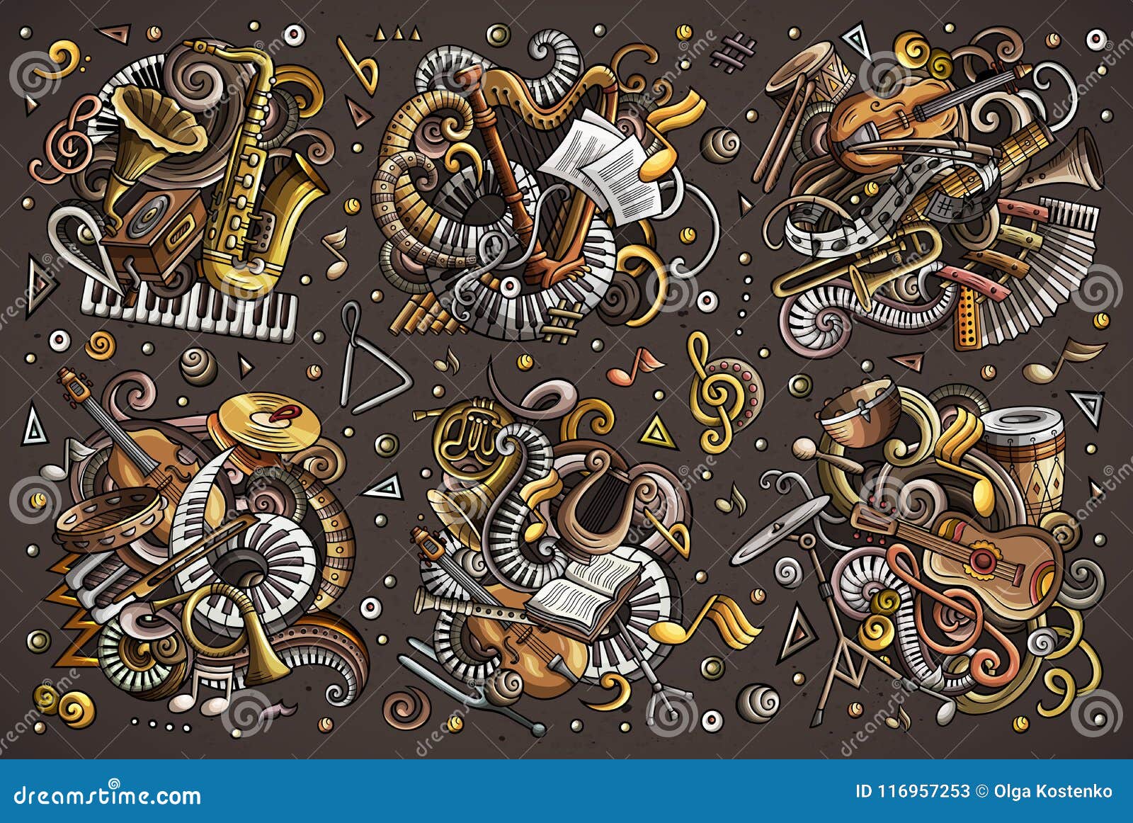 Colorful Vector Doodles Cartoon Set of Classical Musical Instruments ...