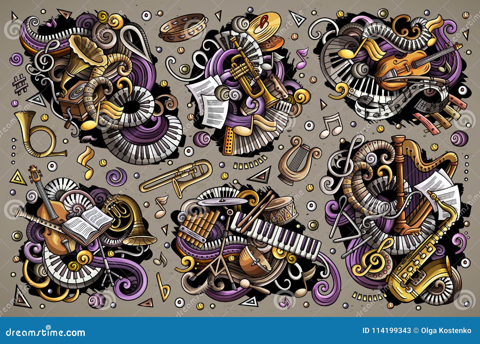 Colorful Vector Doodles Cartoon Set of Classical Musical Instruments ...