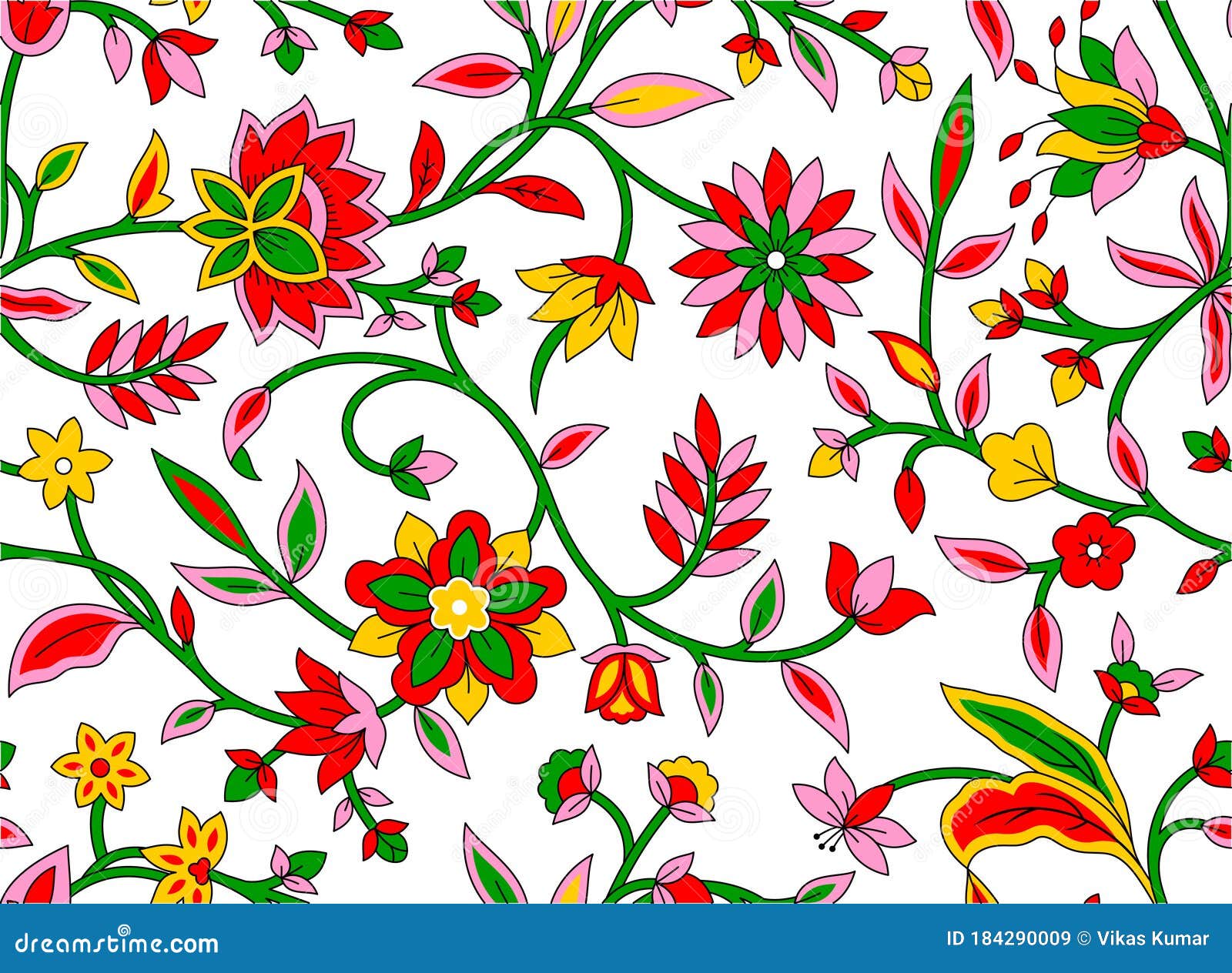 Colorful Vector Floral Flower Leaf Kalamkari Pattern Design Stock ...