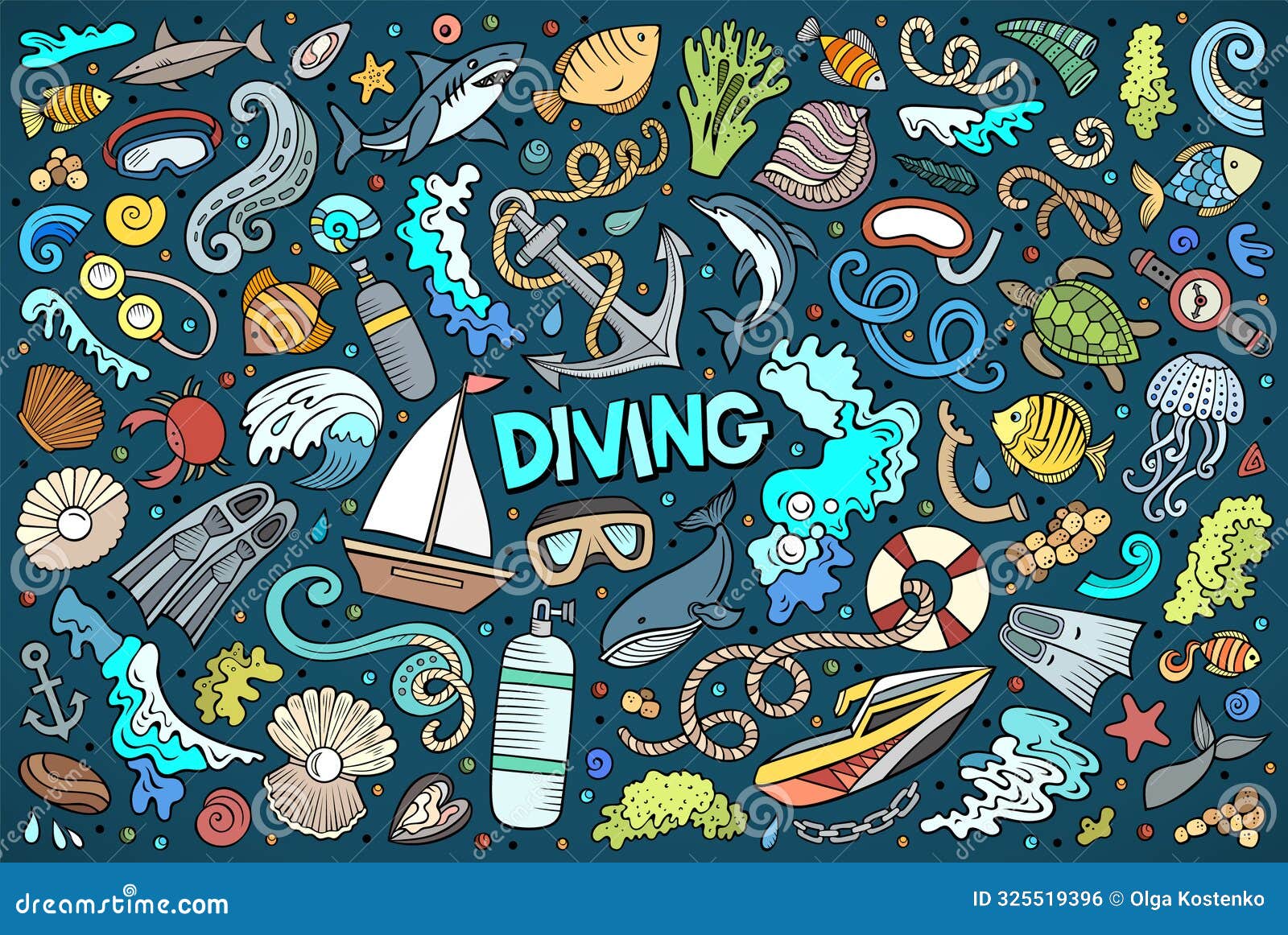 Cartoon Set of Diving Theme Items, Objects and Symbols Stock ...