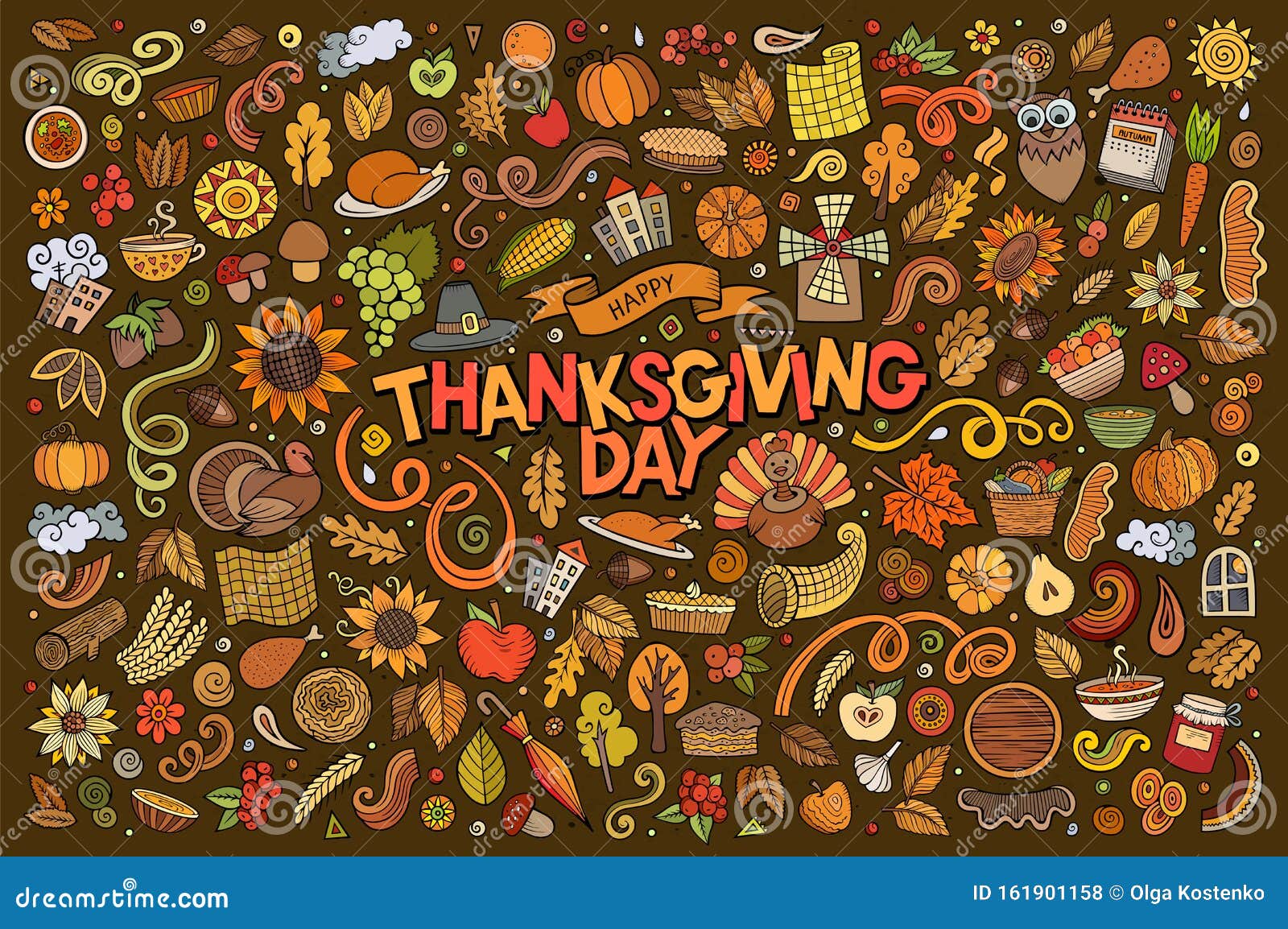 Colorful Hand Drawn Doodle Cartoon Set of Thanksgiving Objects and ...