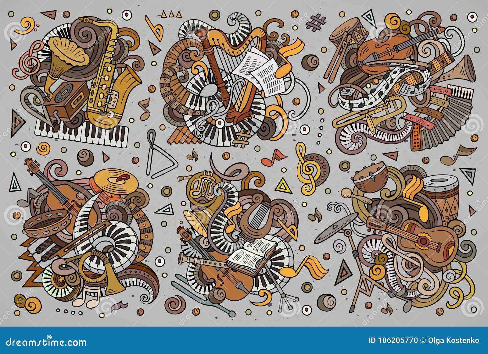 Colorful Vector Doodles Cartoon Set of Classical Musical Instruments ...