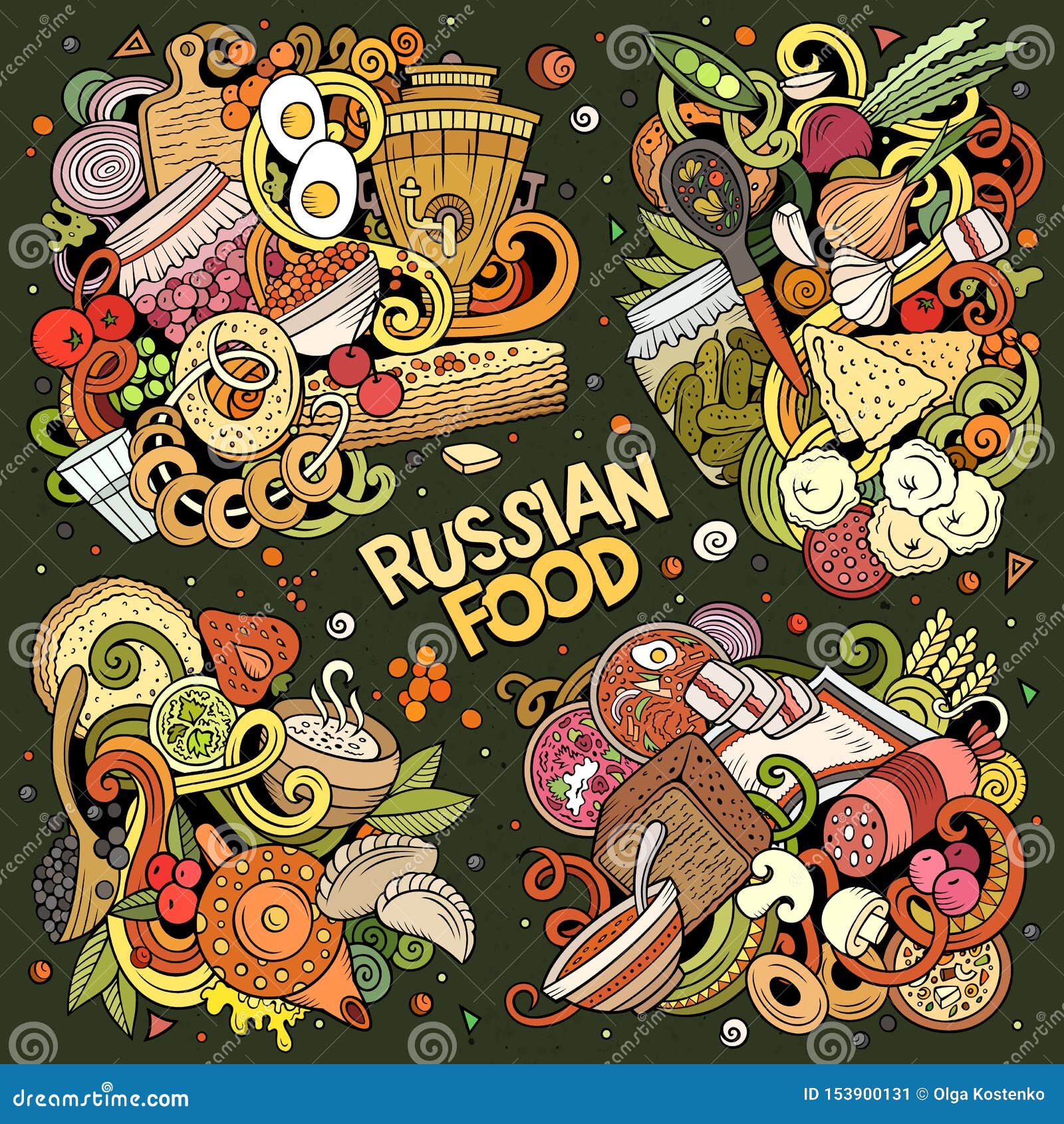 Colorful Vector Hand Drawn Doodles Cartoon Set of Russian Food ...