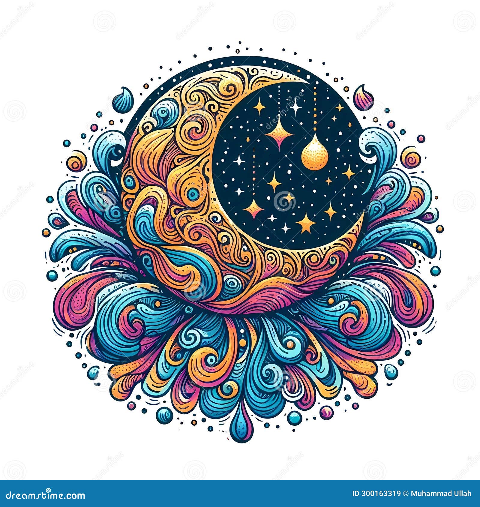 A Colorful Vector Hand-drawn Mystical Moon Stock Illustration ...