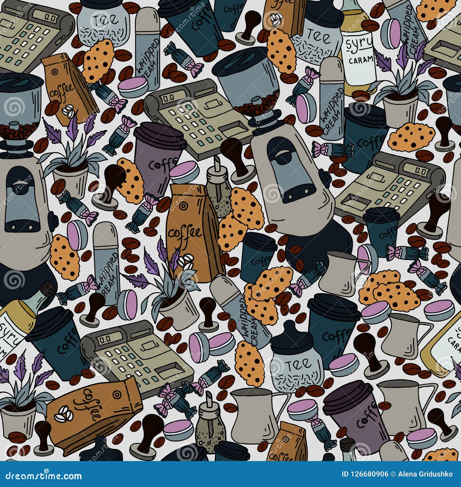 Colorful Vector Hand Drawn Seamless Pattern with Coffee Shop Doodles ...