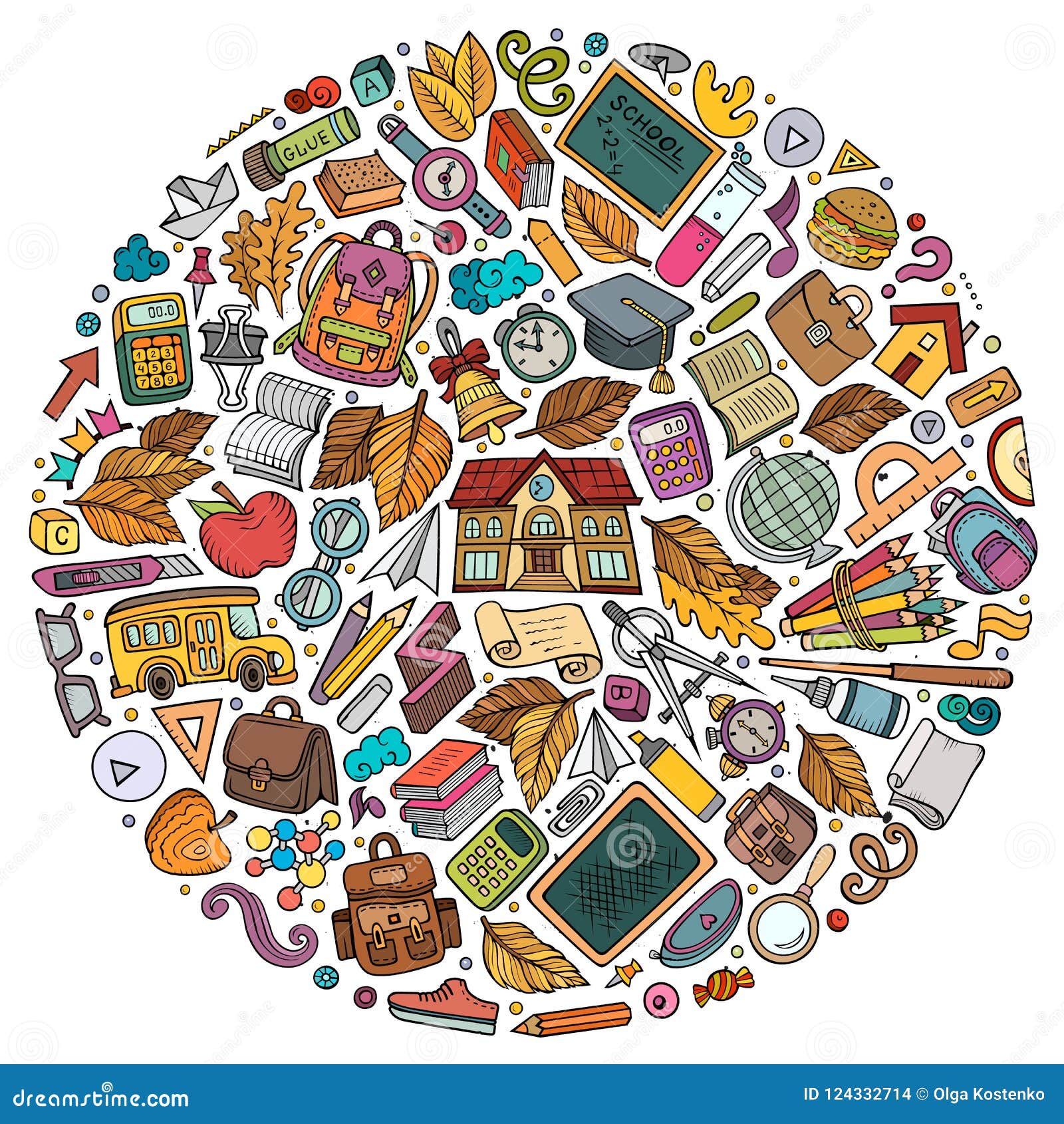 Colorful Vector Hand Drawn Set of School Cartoon Doodle Objects Stock ...