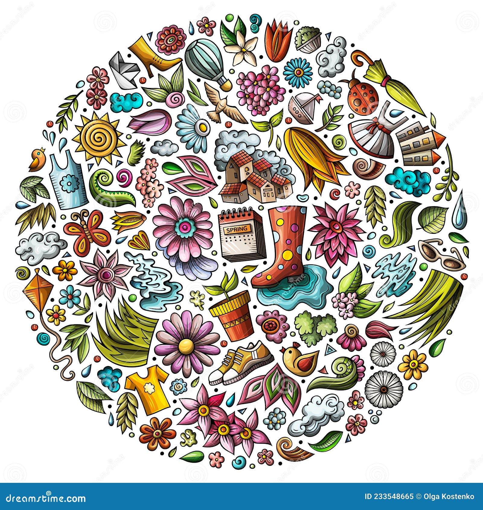 Colorful Vector Hand Drawn Set of Spring Cartoon Doodle Objects Stock ...